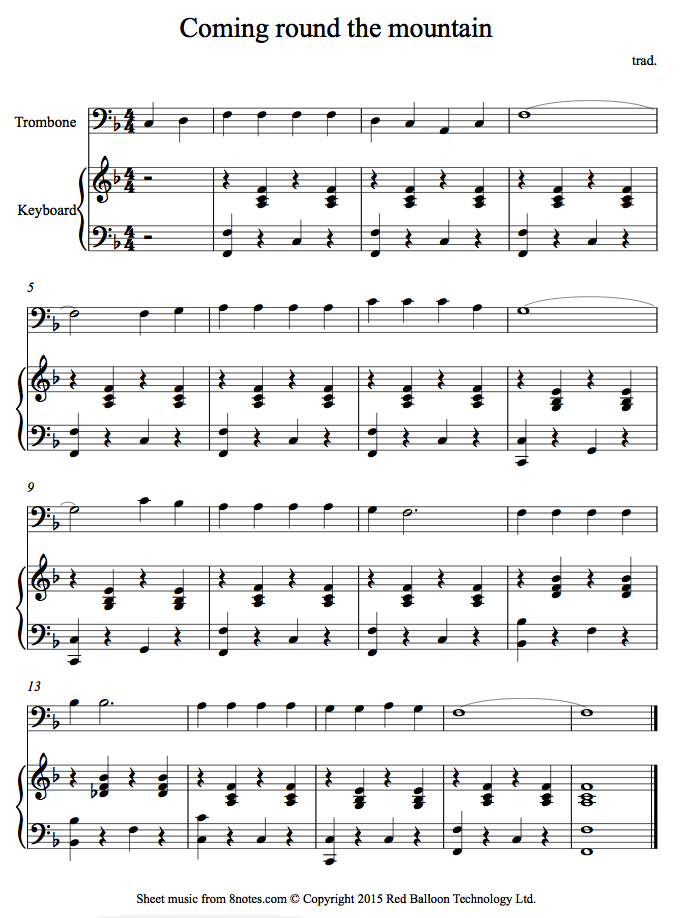 Coming round the mountain sheet music for Trombone - 8notes.com