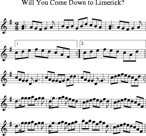 Will You Come Down to Limerick? (Irish Folk Song) (Ireland) for Treble ...