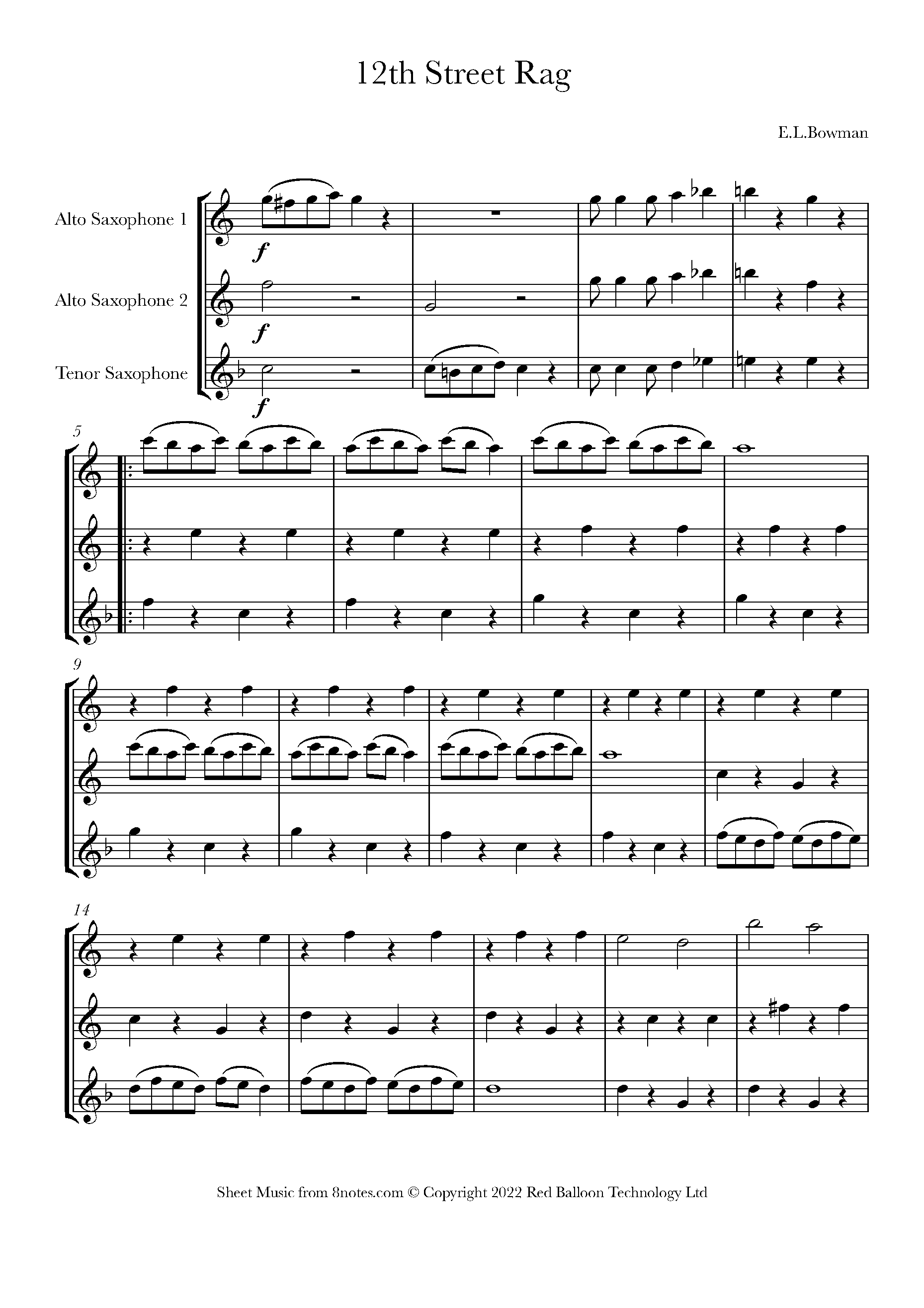 E L Bowman - 12th Street Rag Sheet music for 2-Altos-Tenor-Sax - 8notes.com
