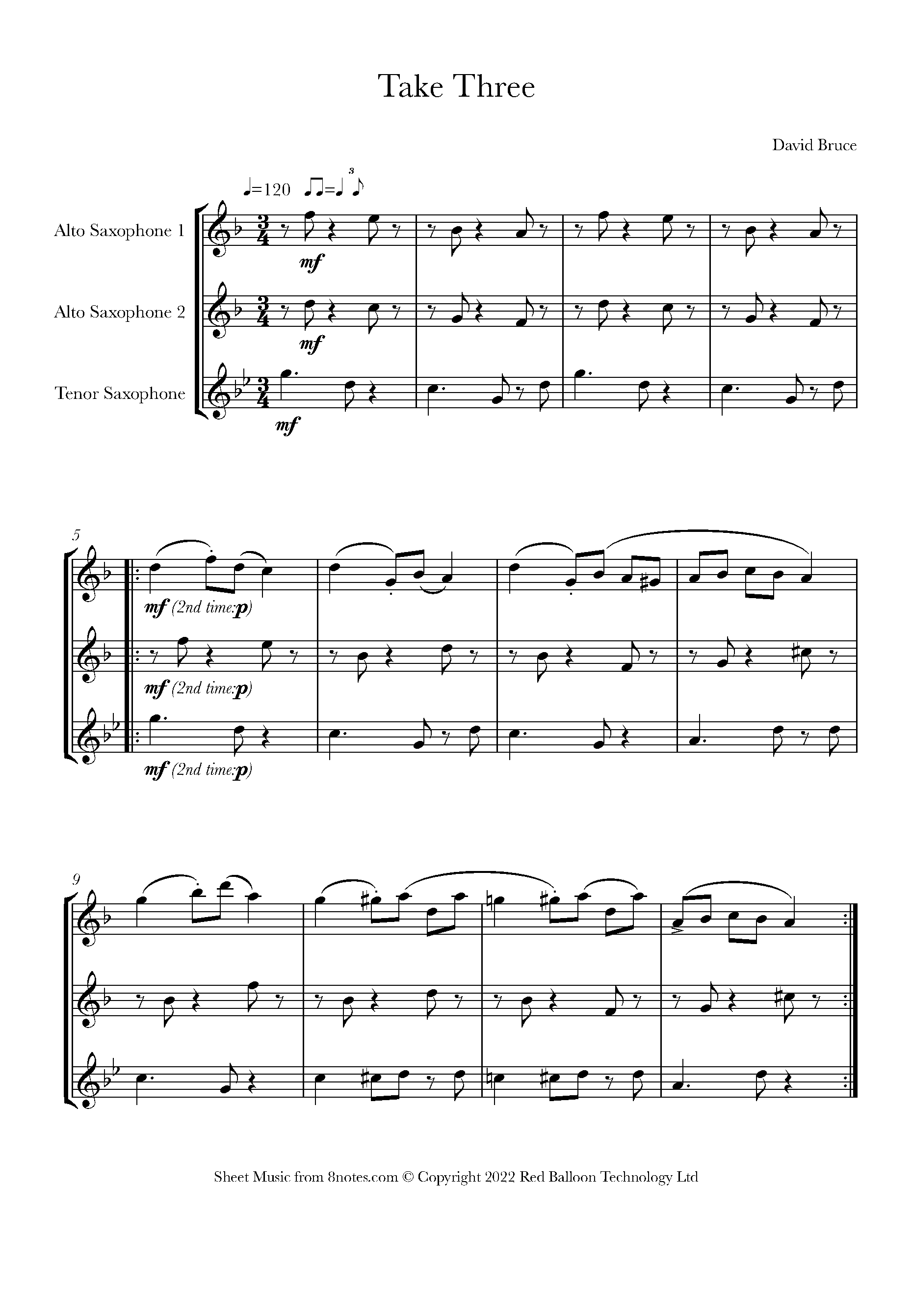David Bruce - Take Three Sheet music for 2-Altos-Tenor-Sax - 8notes.com