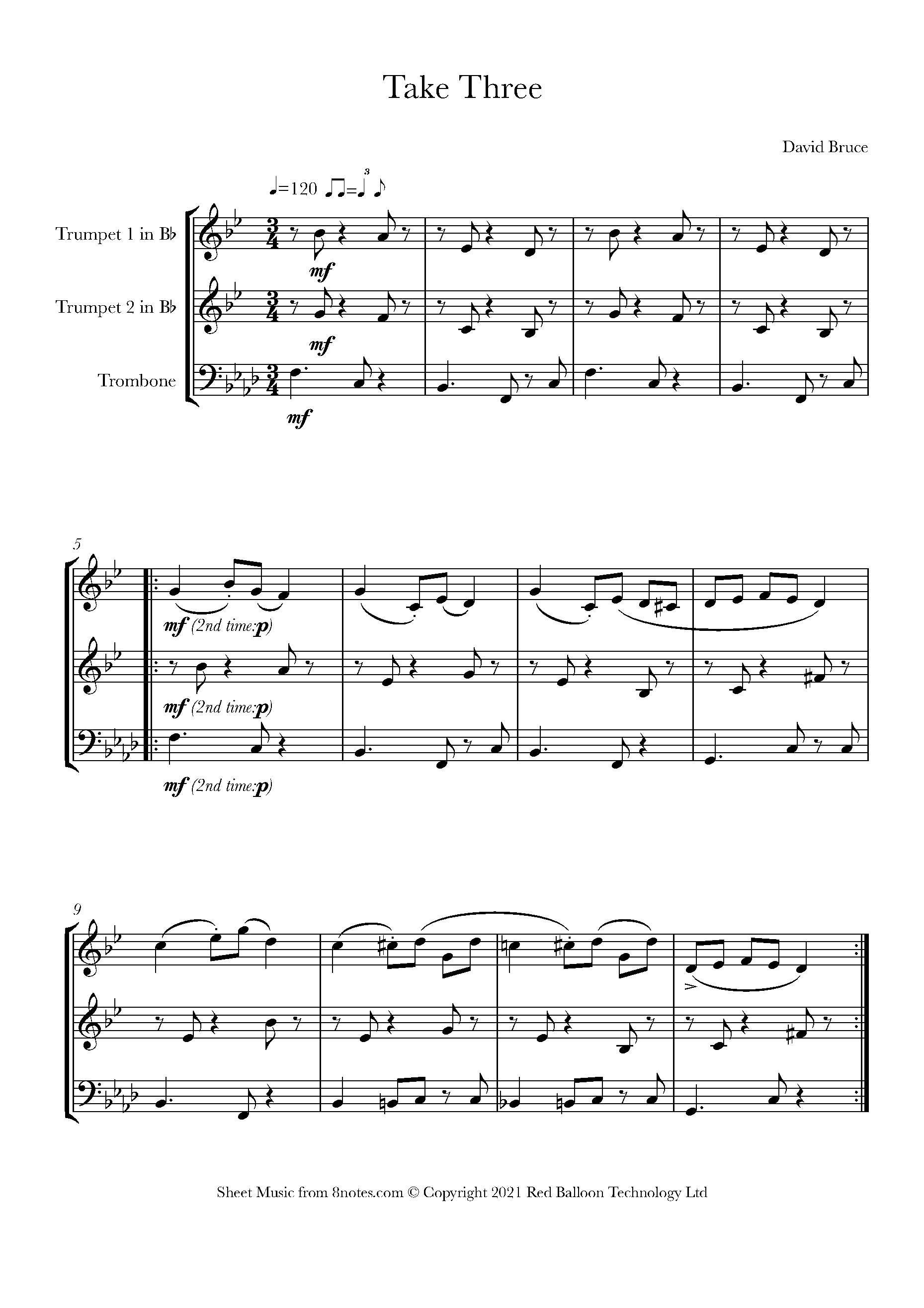 David Bruce - Take Three Sheet music for 2-Trumpets-Trombone - 8notes.com