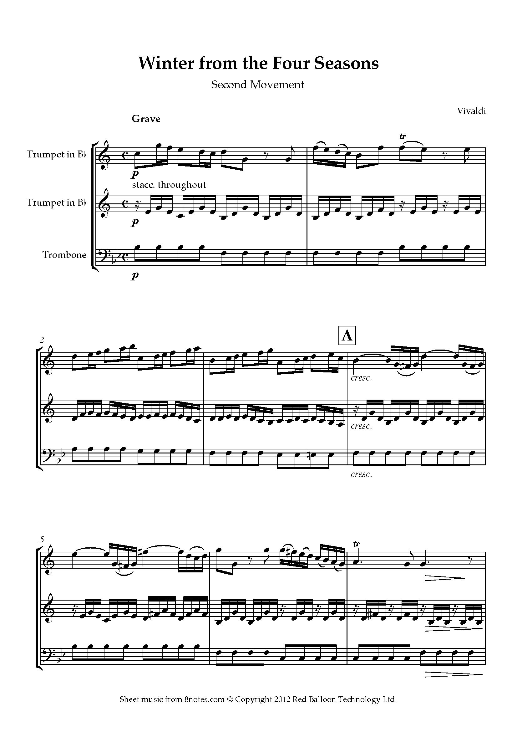 Vivaldi - Winter from the Four Seasons 2nd movement Sheet music for 2 ...