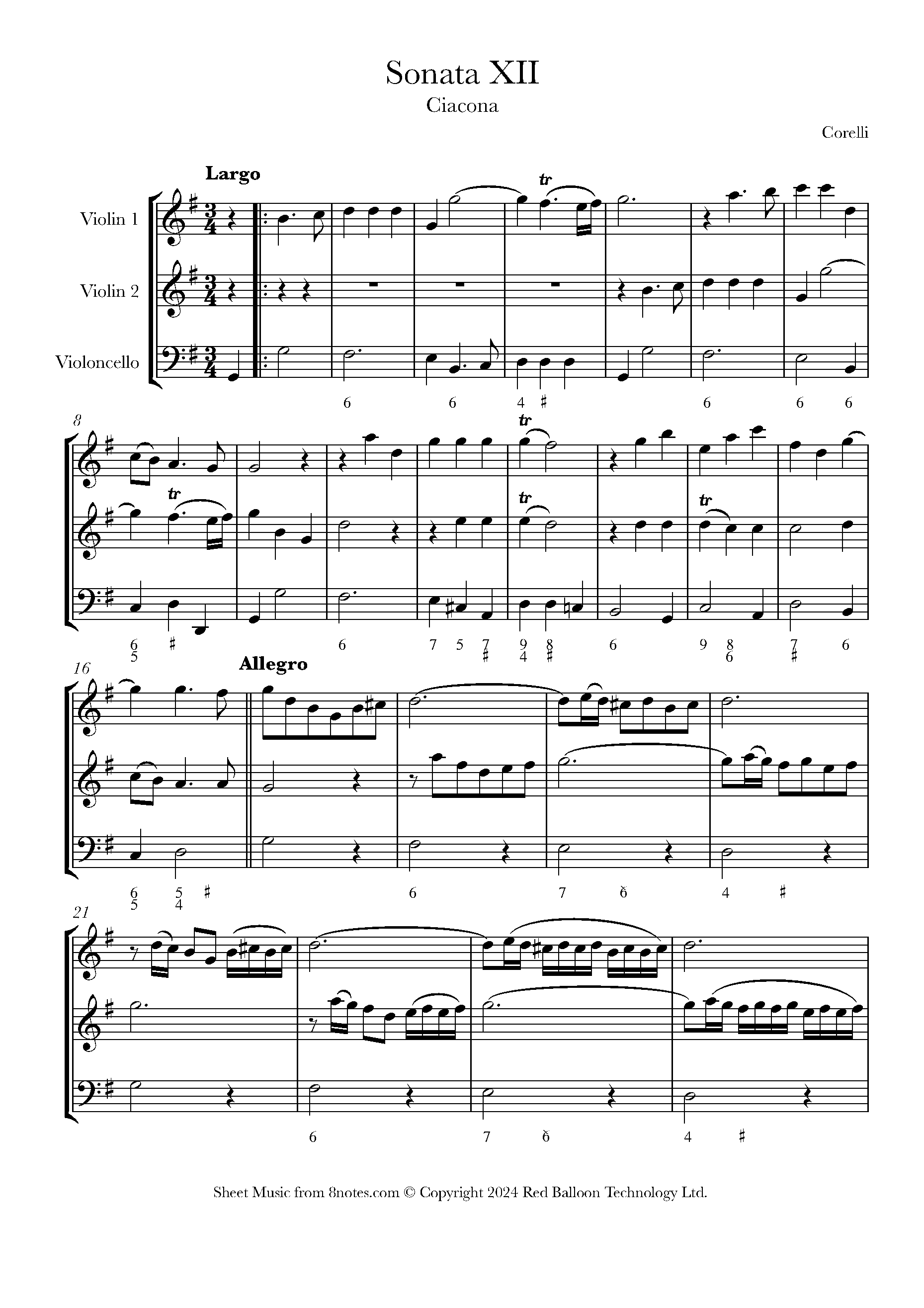 Corelli, A. - Trio Sonata in G major, Op.2 No.12 Sheet music for 2 ...