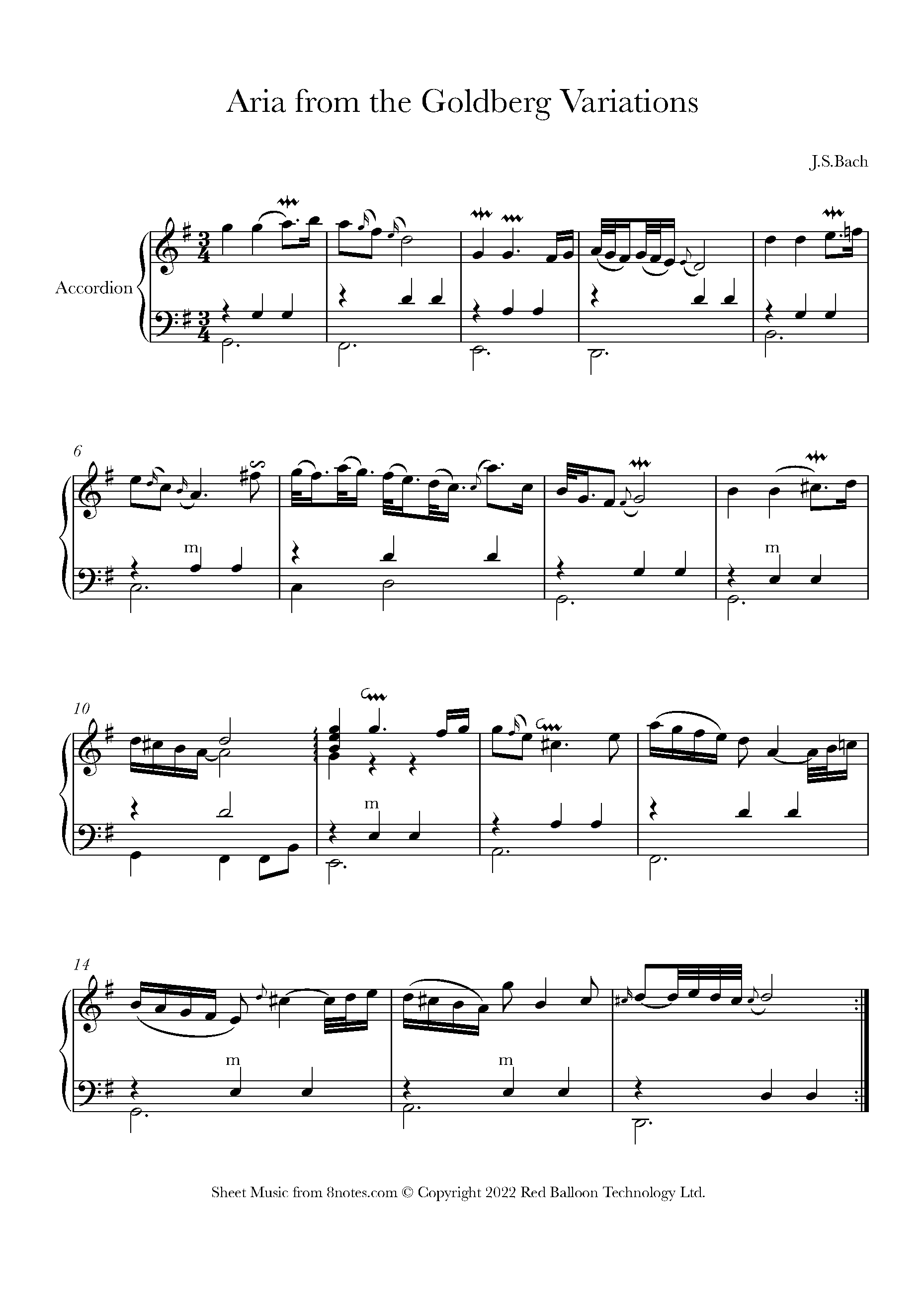 Bach - Aria from Goldberg Variations Sheet music for Accordion - 8notes.com