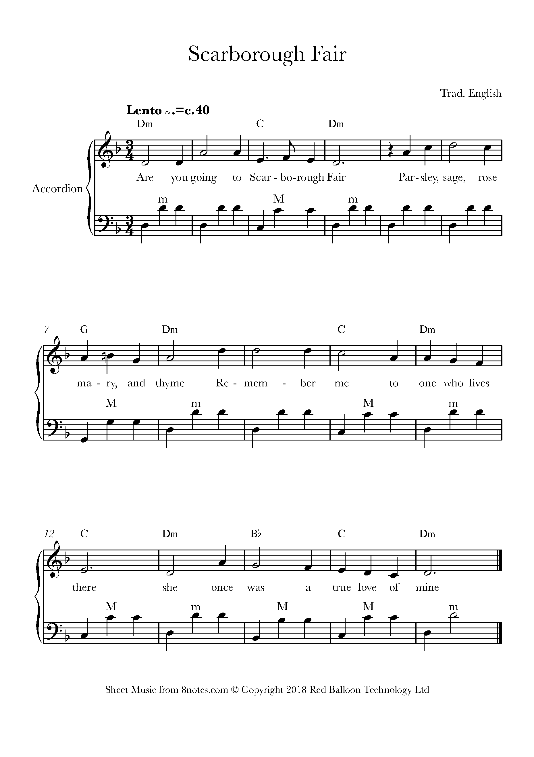 Scarborough Fair Sheet music for Accordion - 8notes.com