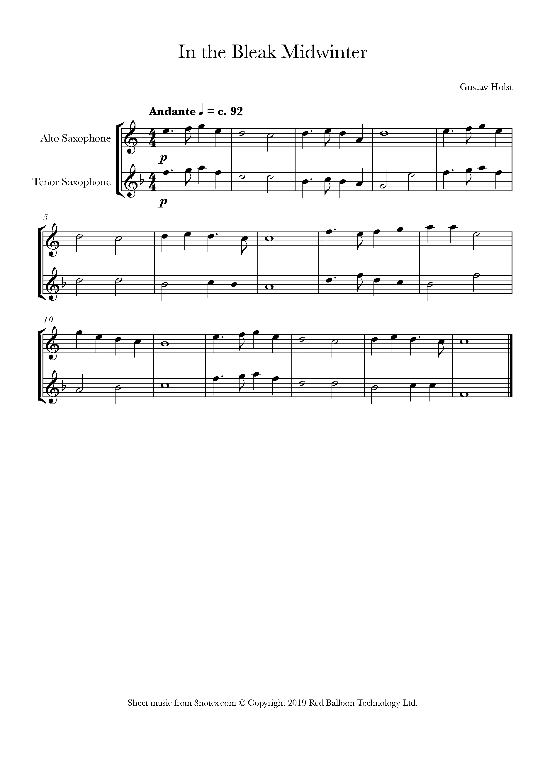 Holst In The Bleak Midwinter Sheet Music For Alto Tenor Sax Duet