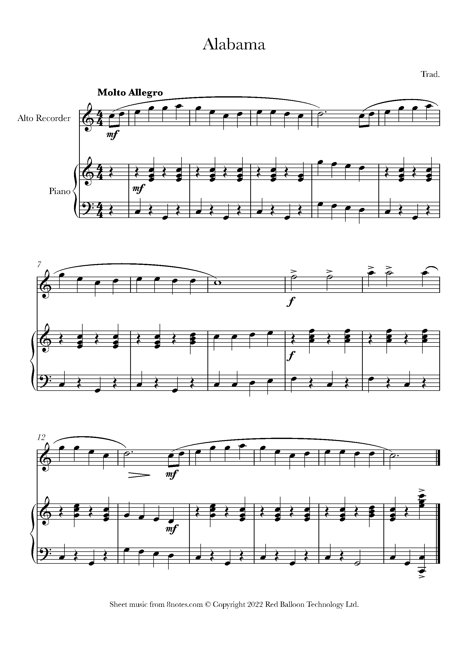 Alabama Sheet music for Alto Recorder - 8notes.com