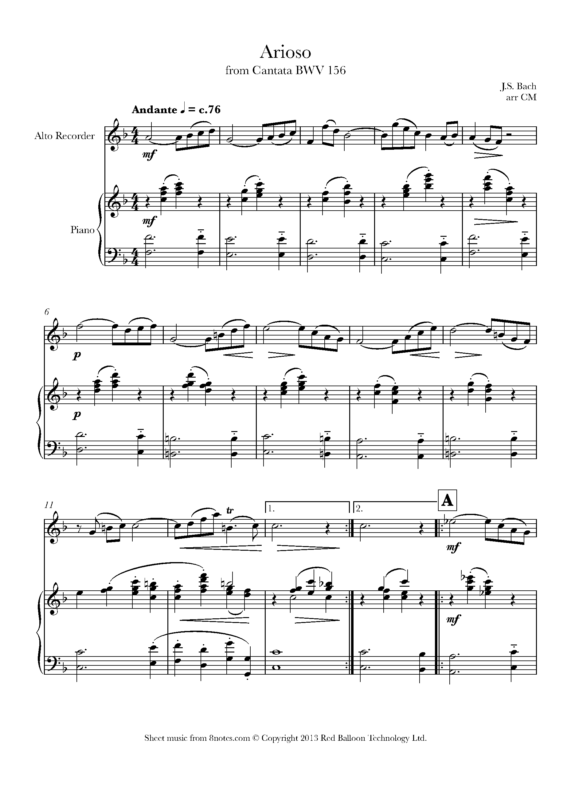 Bach - Arioso from Cantata BWV 156 Sheet music for Alto Recorder ...