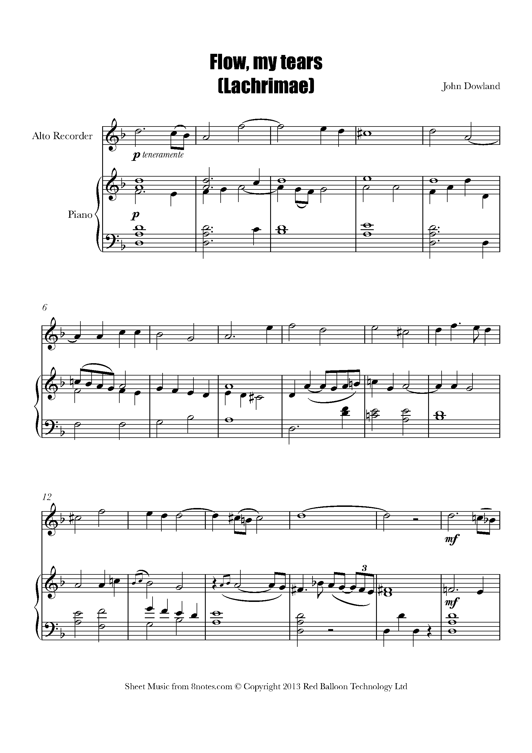 Dowland - Flow, my tears (Lachrimae) Sheet music for Alto Recorder ...