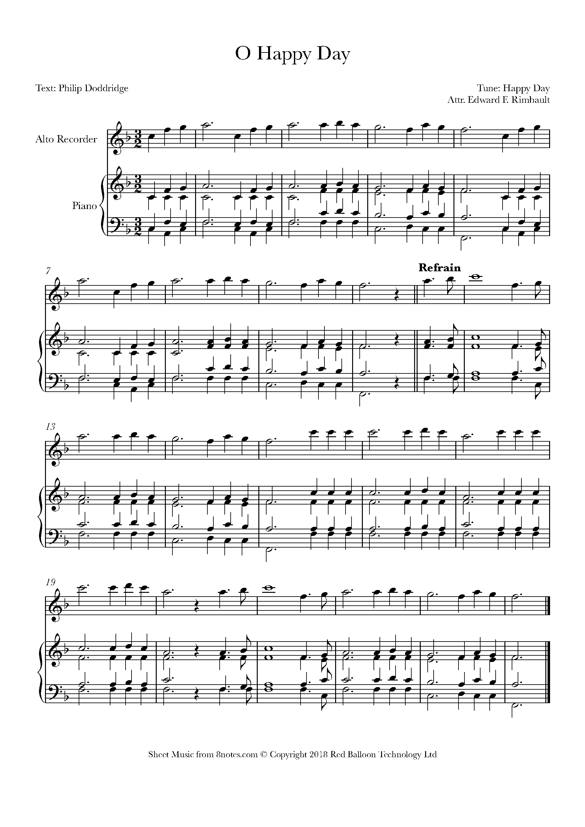 Rimbault - O Happy Day Sheet music for Alto Recorder - 8notes.com