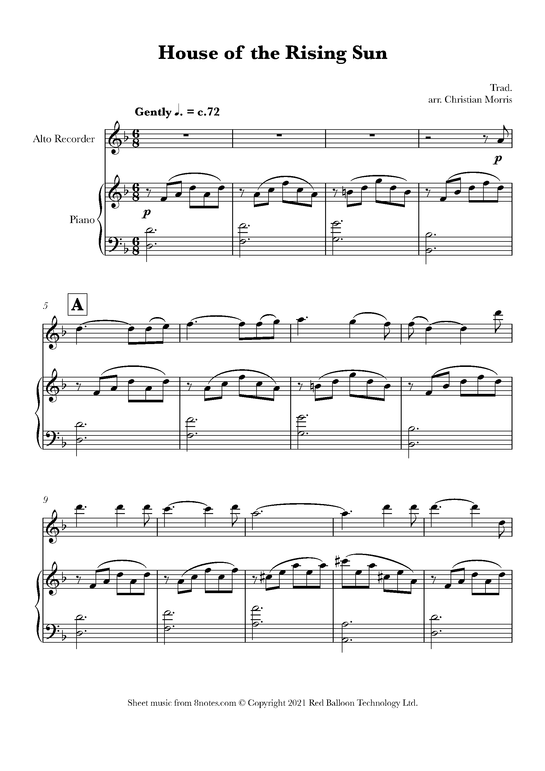 House of the Rising Sun Sheet music for Alto Recorder - 8notes.com