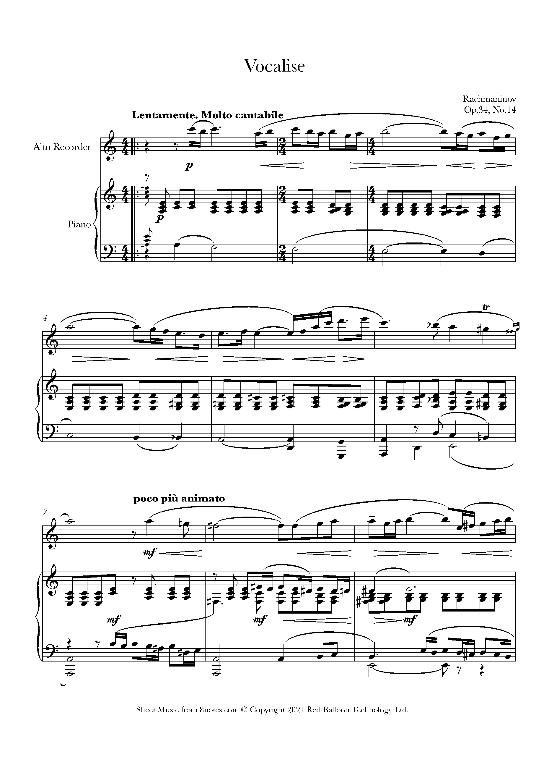 Rachmaninoff - Vocalise, Op.34, No.14 Sheet music for Alto Recorder ...
