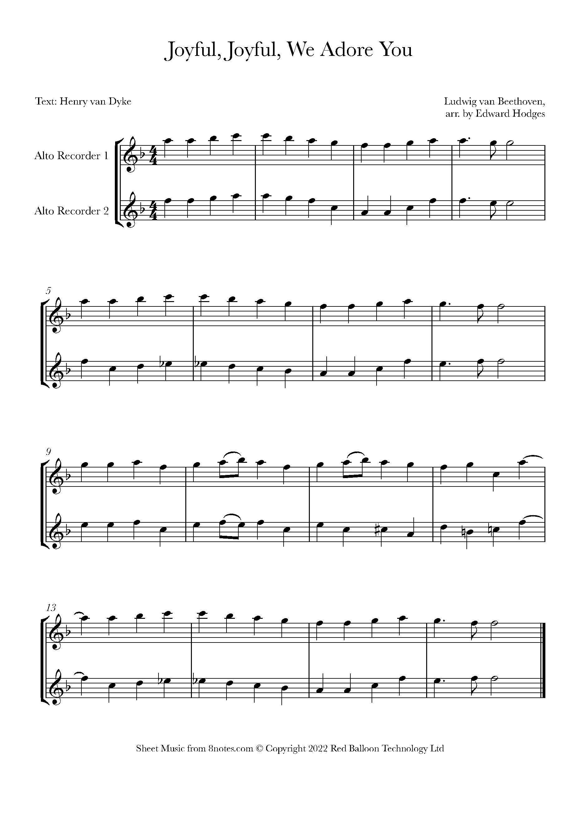 Beethoven - Joyful, Joyful, We Adore You Sheet music for Alto Recorder ...