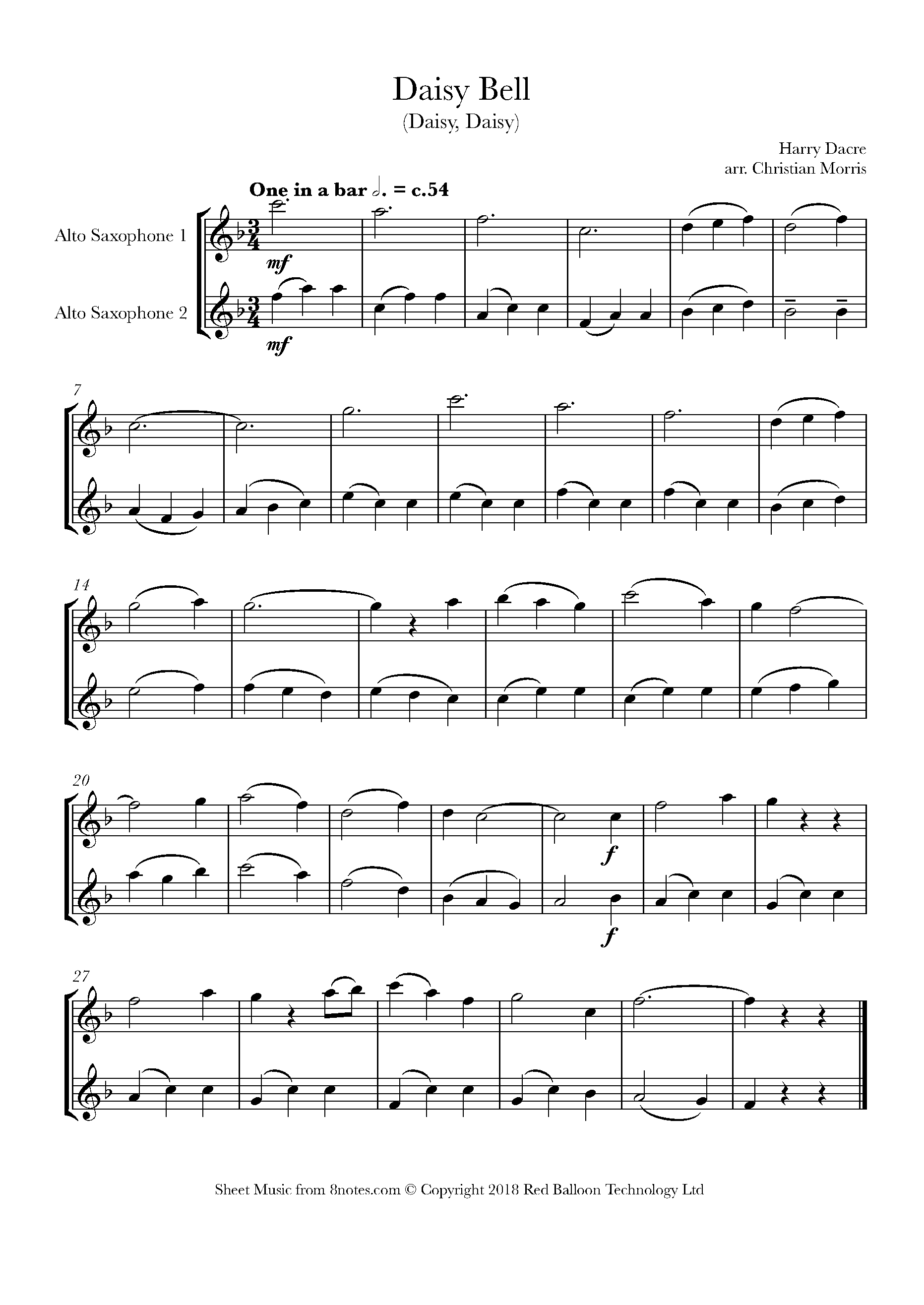 Harry Dacre - Daisy Bell (Daisy, Daisy) Sheet music for Alto Saxophone ...