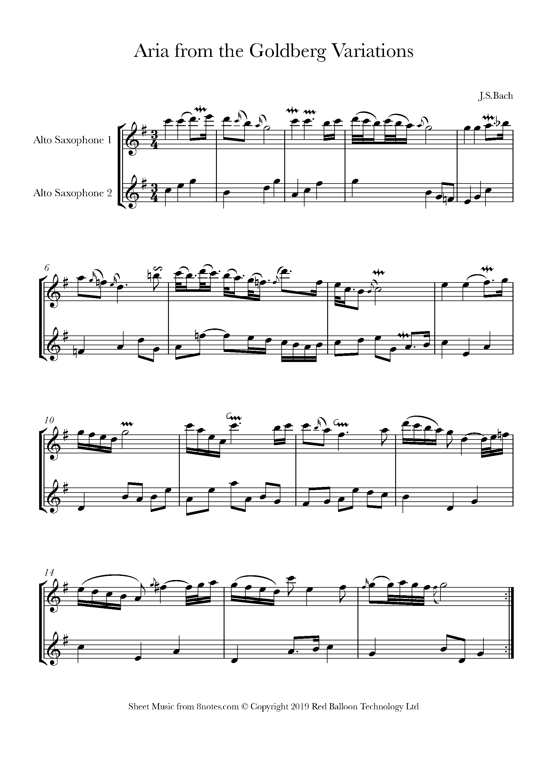 Bach - Aria from Goldberg Variations Sheet music for Alto Saxophone ...