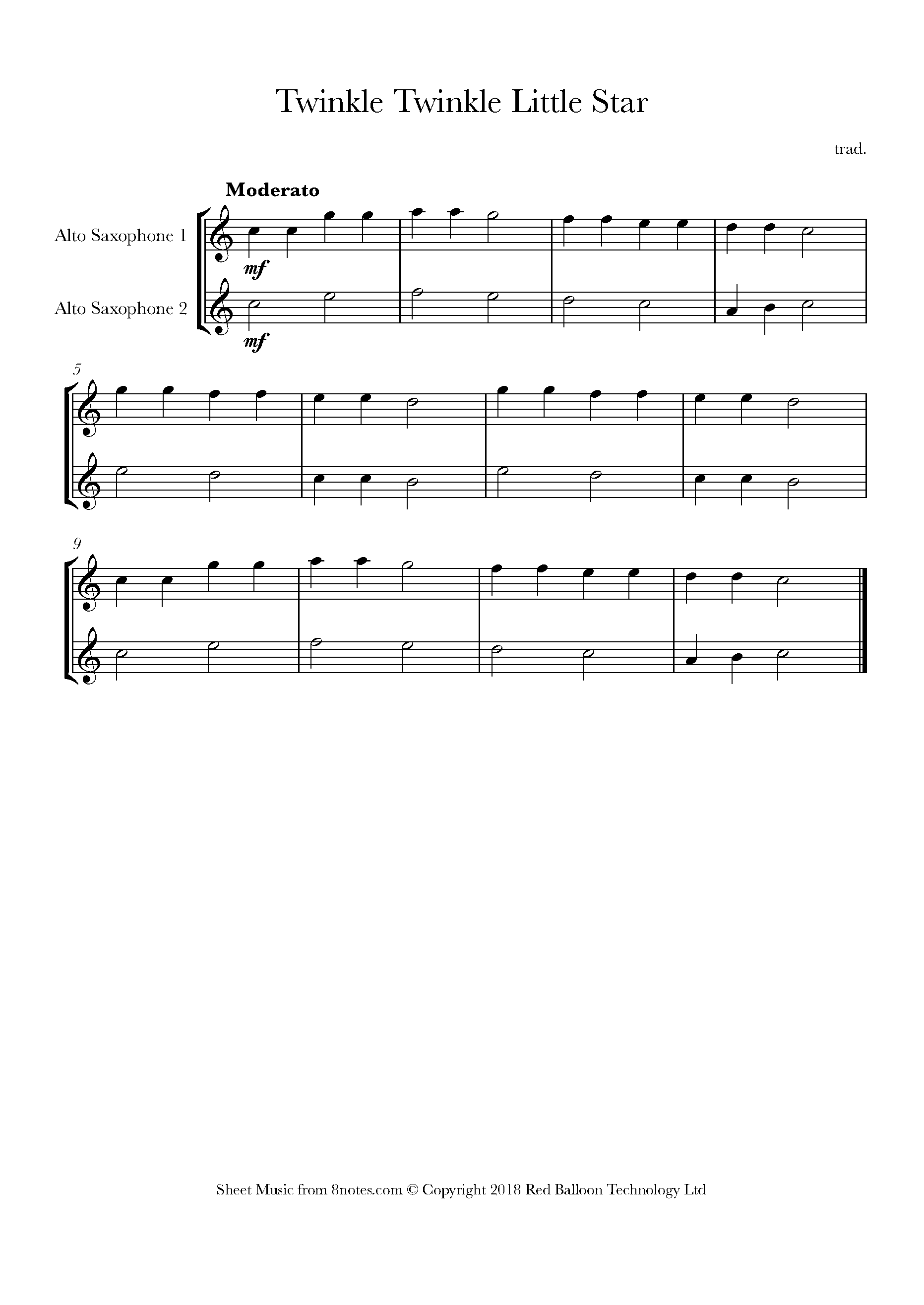 Twinkle, Twinkle, Little Star Sheet music for Alto Saxophone Duet ...