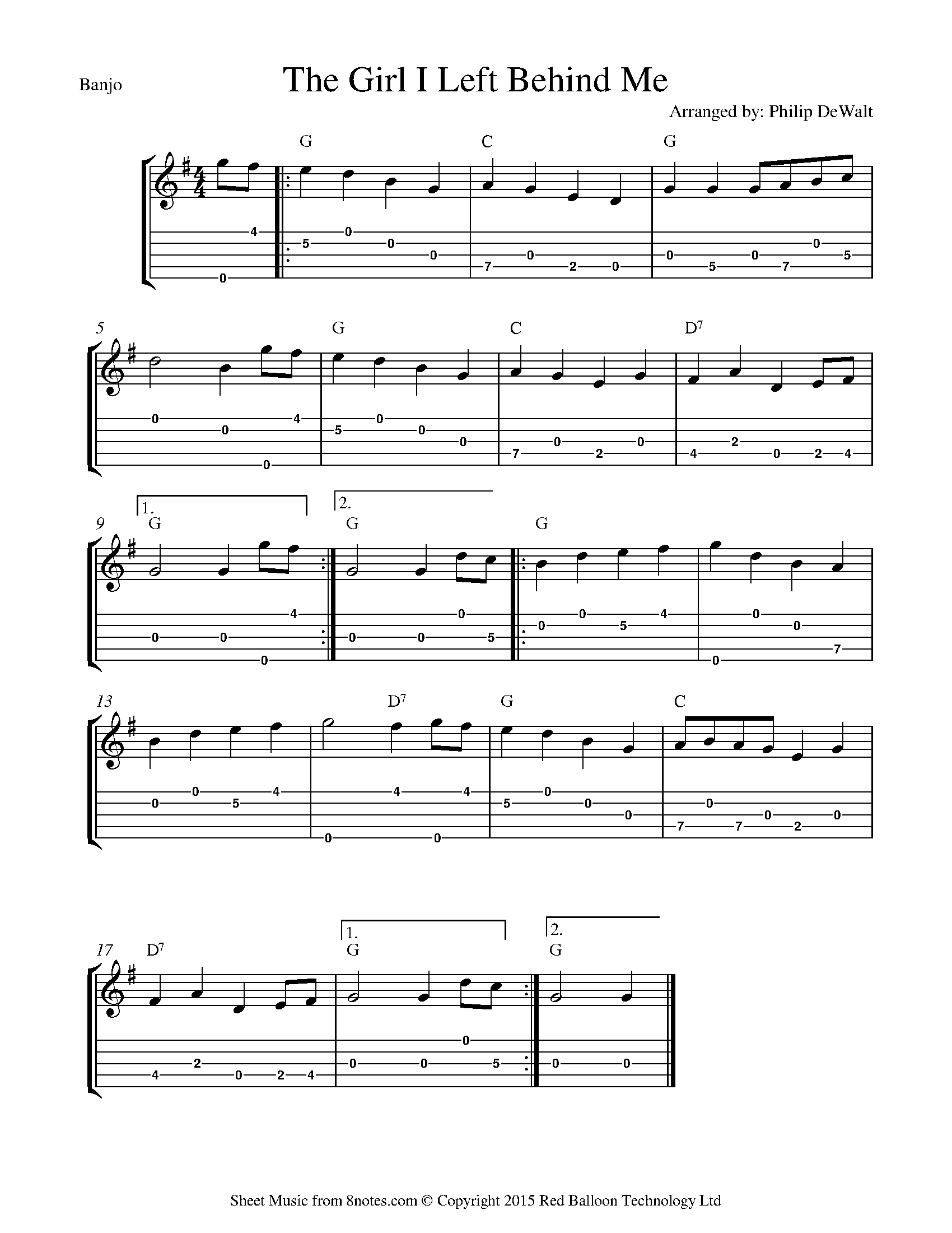 The Girl I Left Behind Me Sheet music for Banjo - 8notes.com