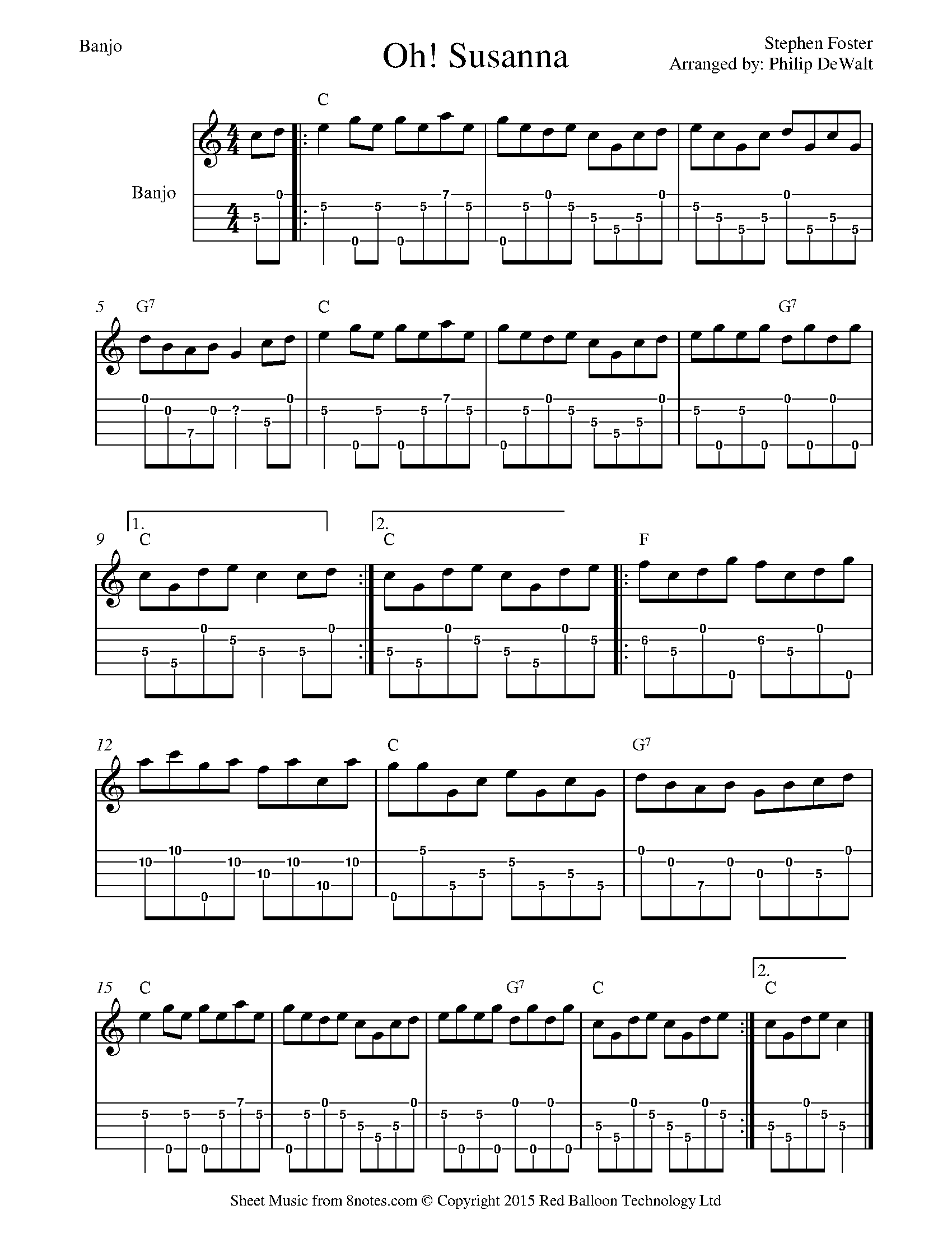 Stephen Foster - Oh Susanna Sheet music for Banjo - 8notes.com