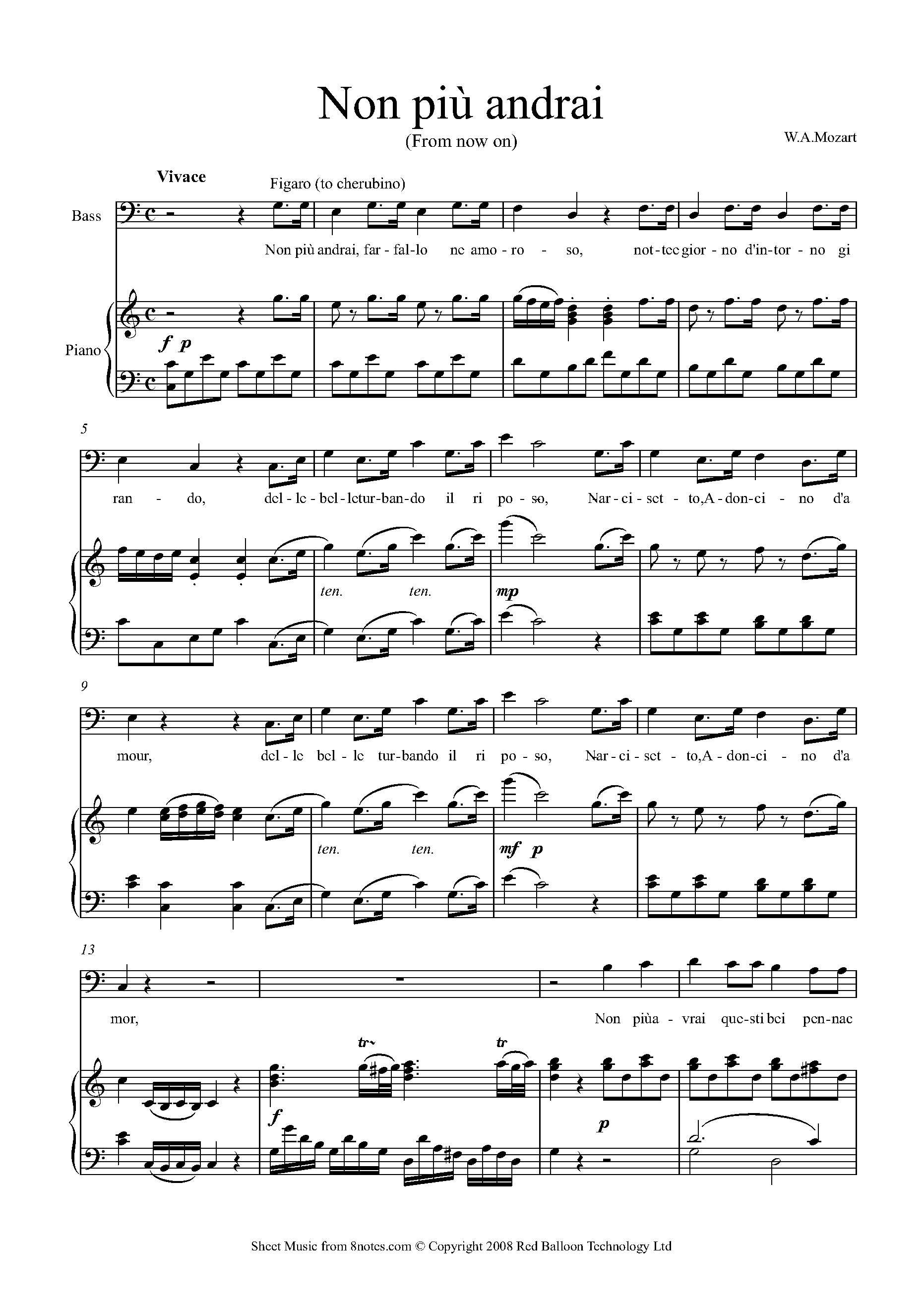 Mozart - Non Piu Andrai from Marriage of Figaro Sheet music for Bass ...