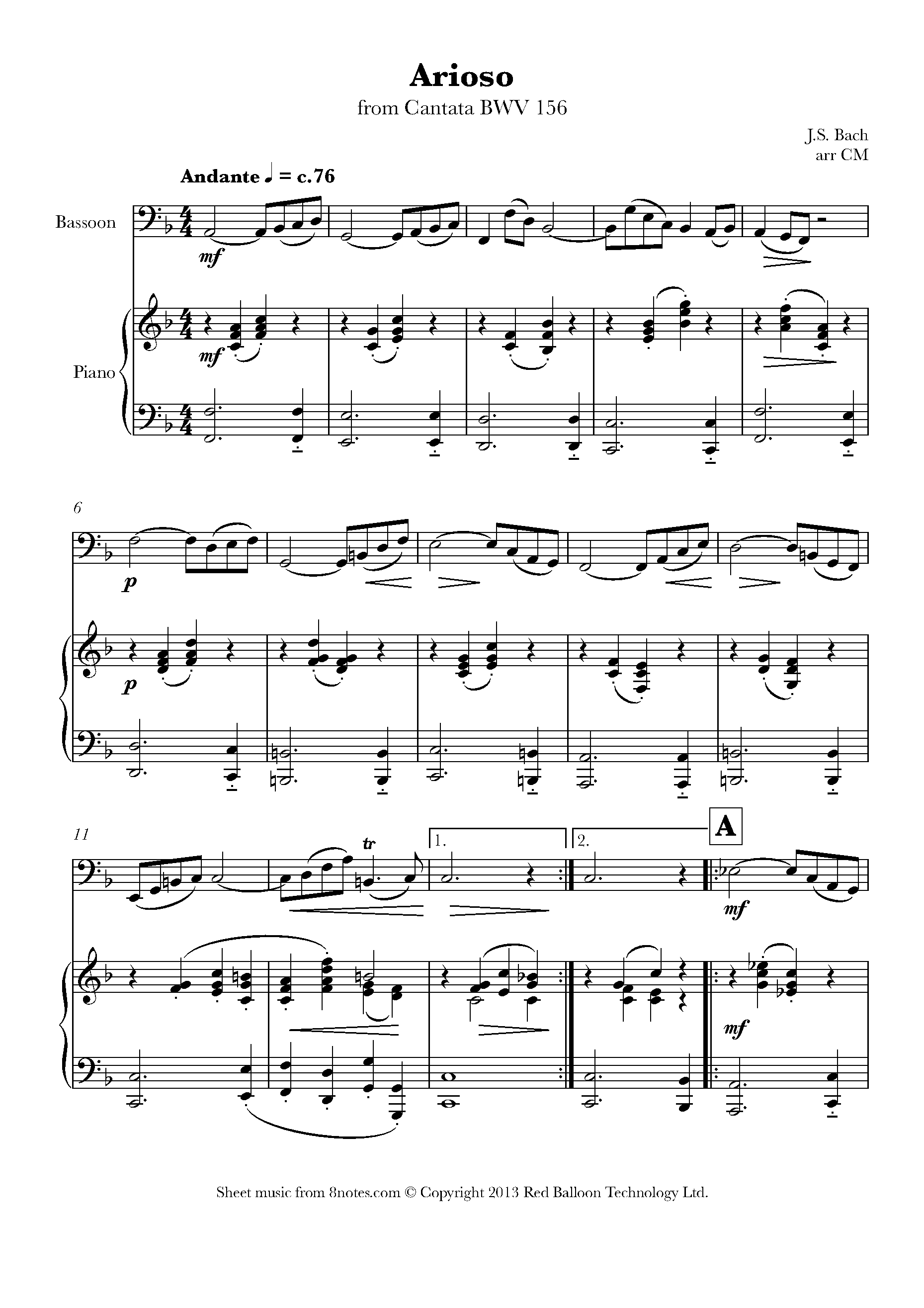 Bach - Arioso from Cantata BWV 156 Sheet music for Bassoon - 8notes.com