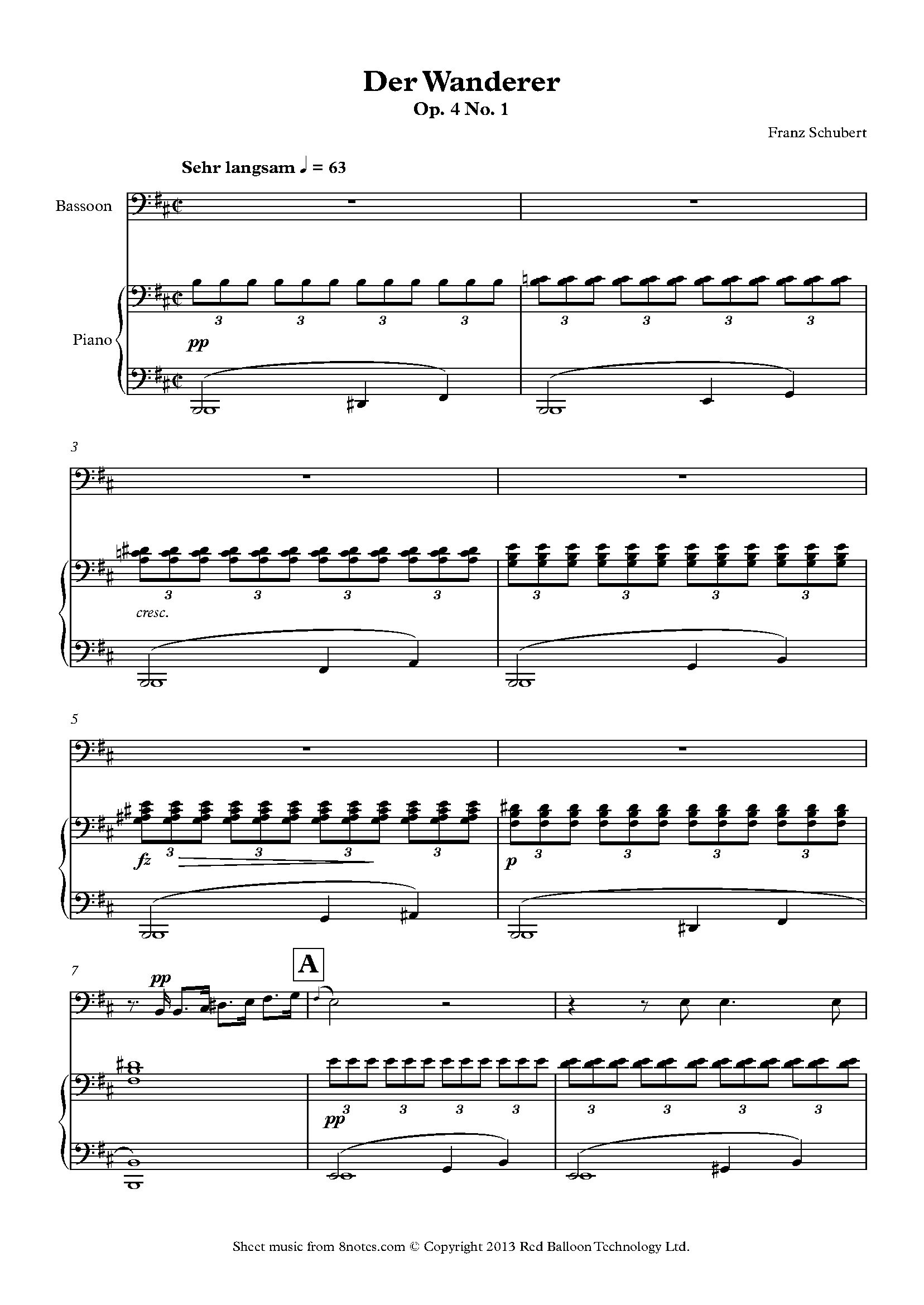 Schubert - Der Wanderer op.4 no.1 Sheet music for Bassoon - 8notes.com