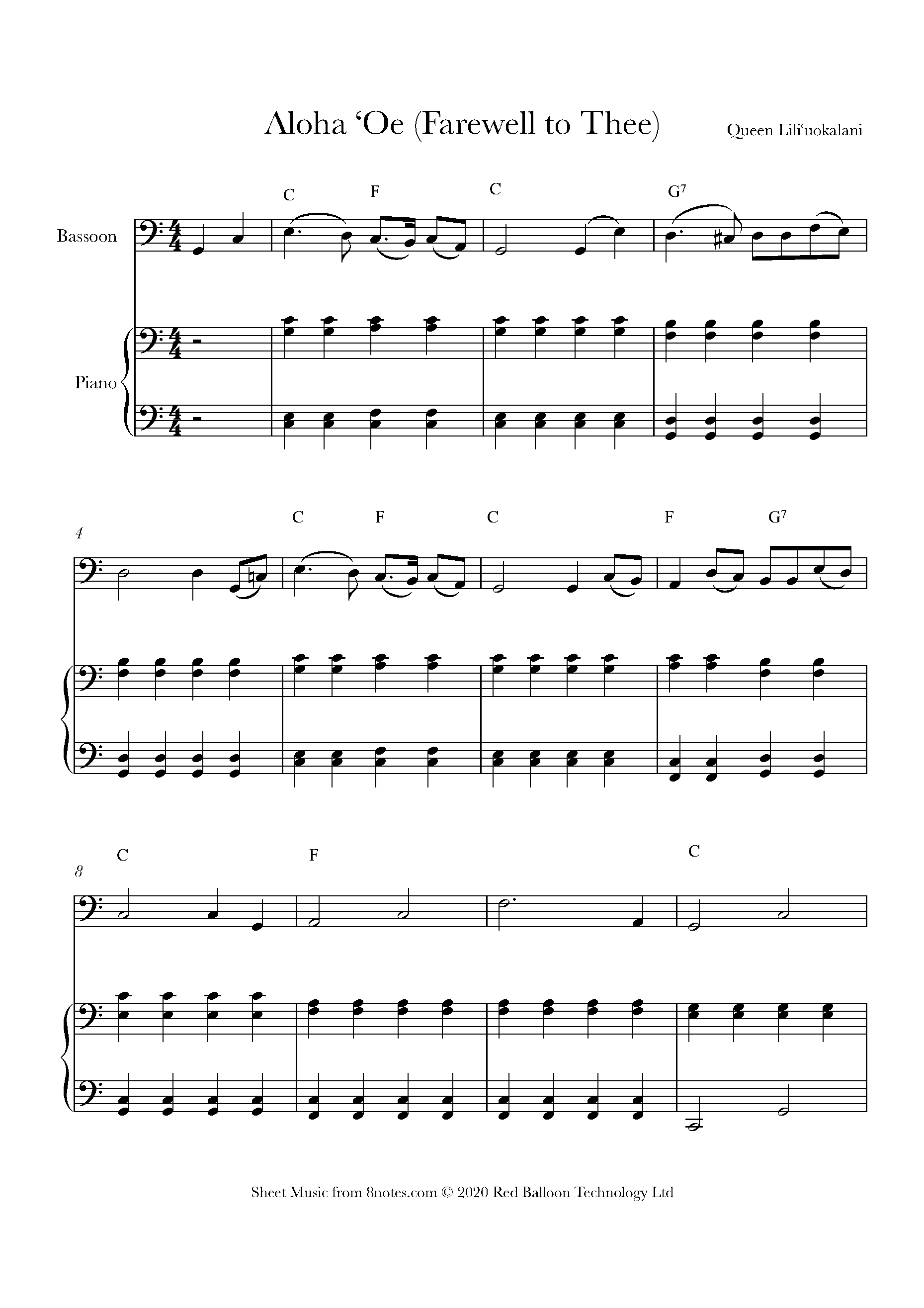 Aloha Oe (Farewell to Thee) (Hawaiian traditional) Sheet music for ...