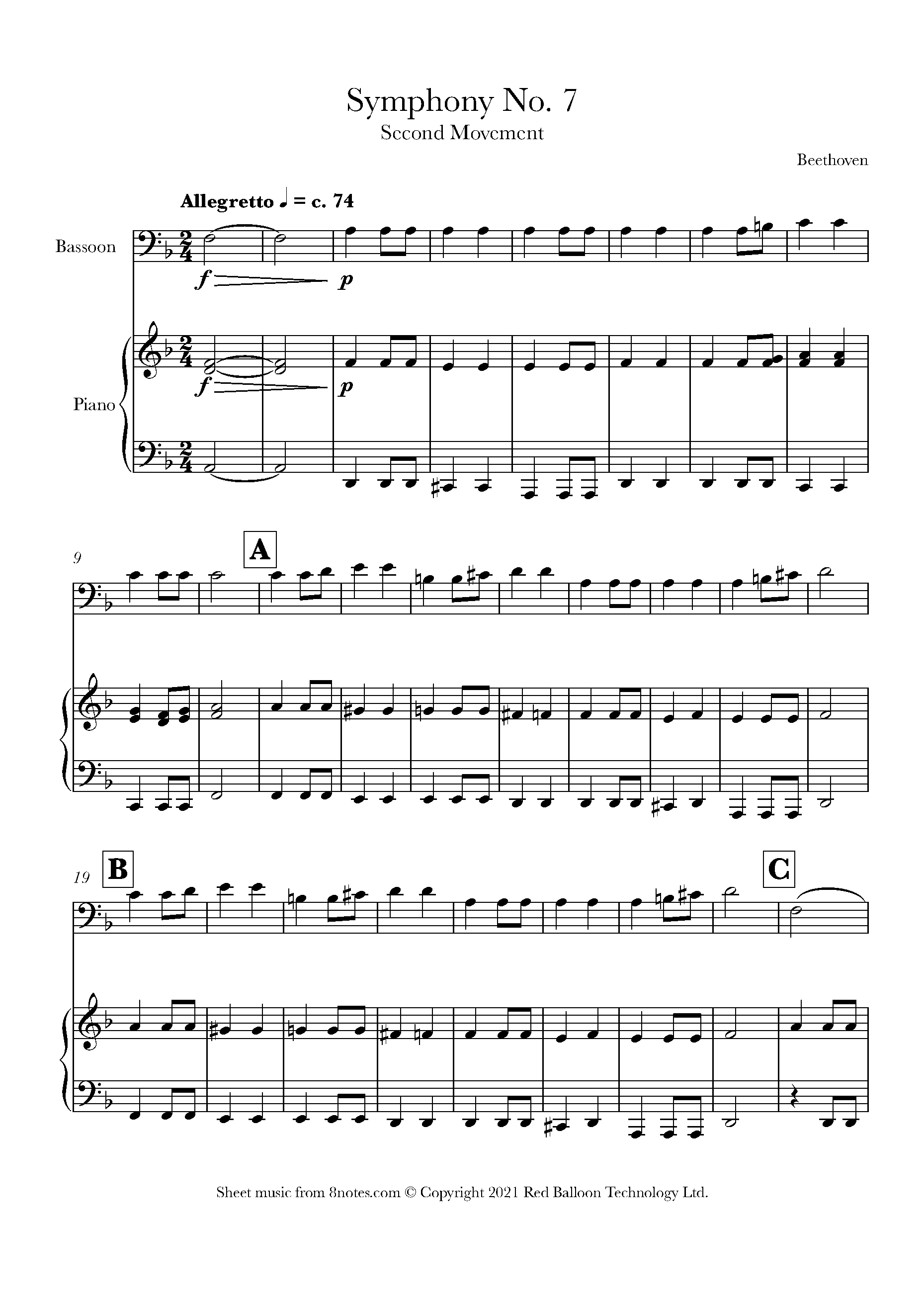 Beethoven - 7th Symphony 2nd mvt theme Sheet music for Bassoon - 8notes.com