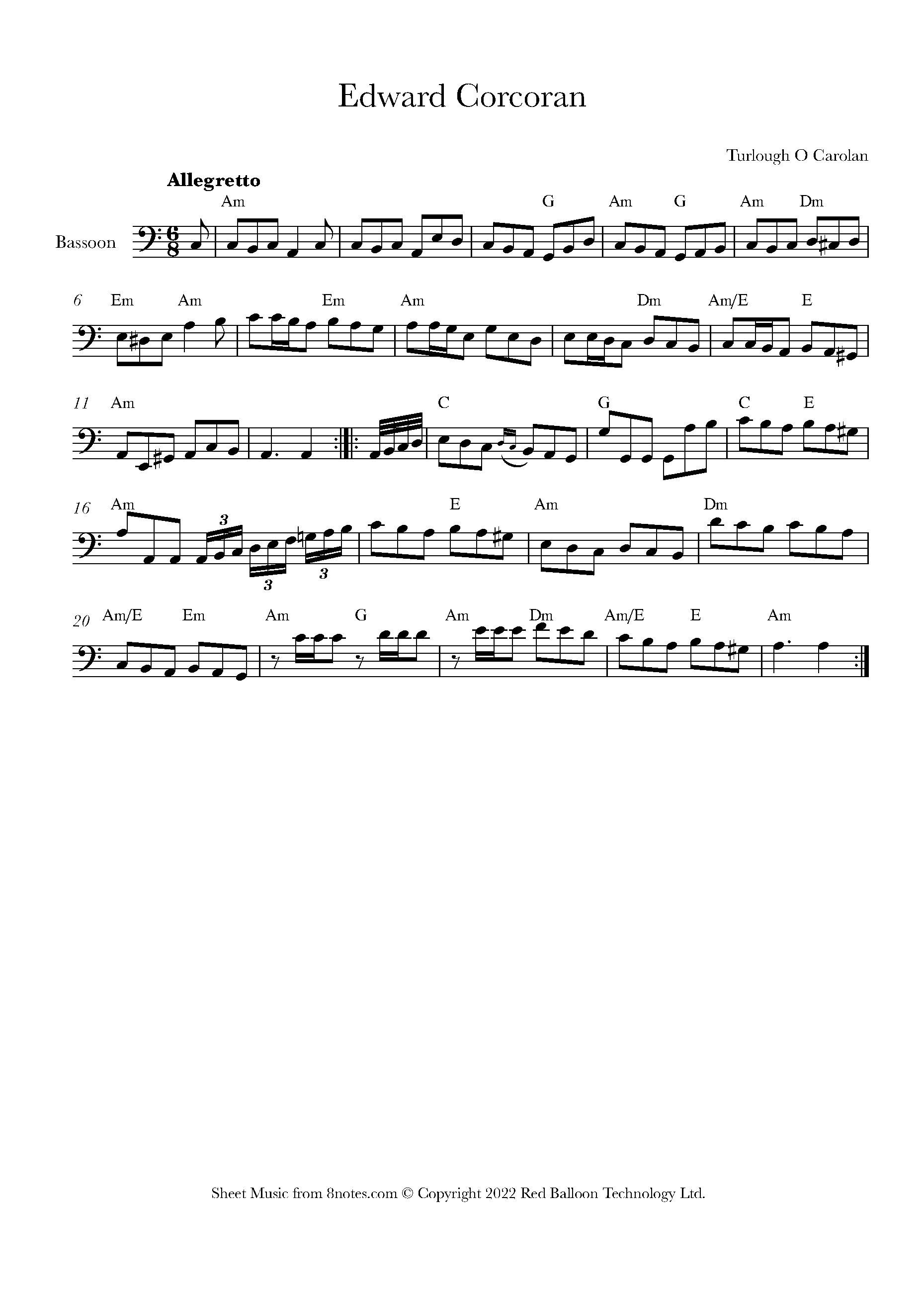 Turlough O Carolan - Edward Corcoran Sheet music for Bassoon - 8notes.com