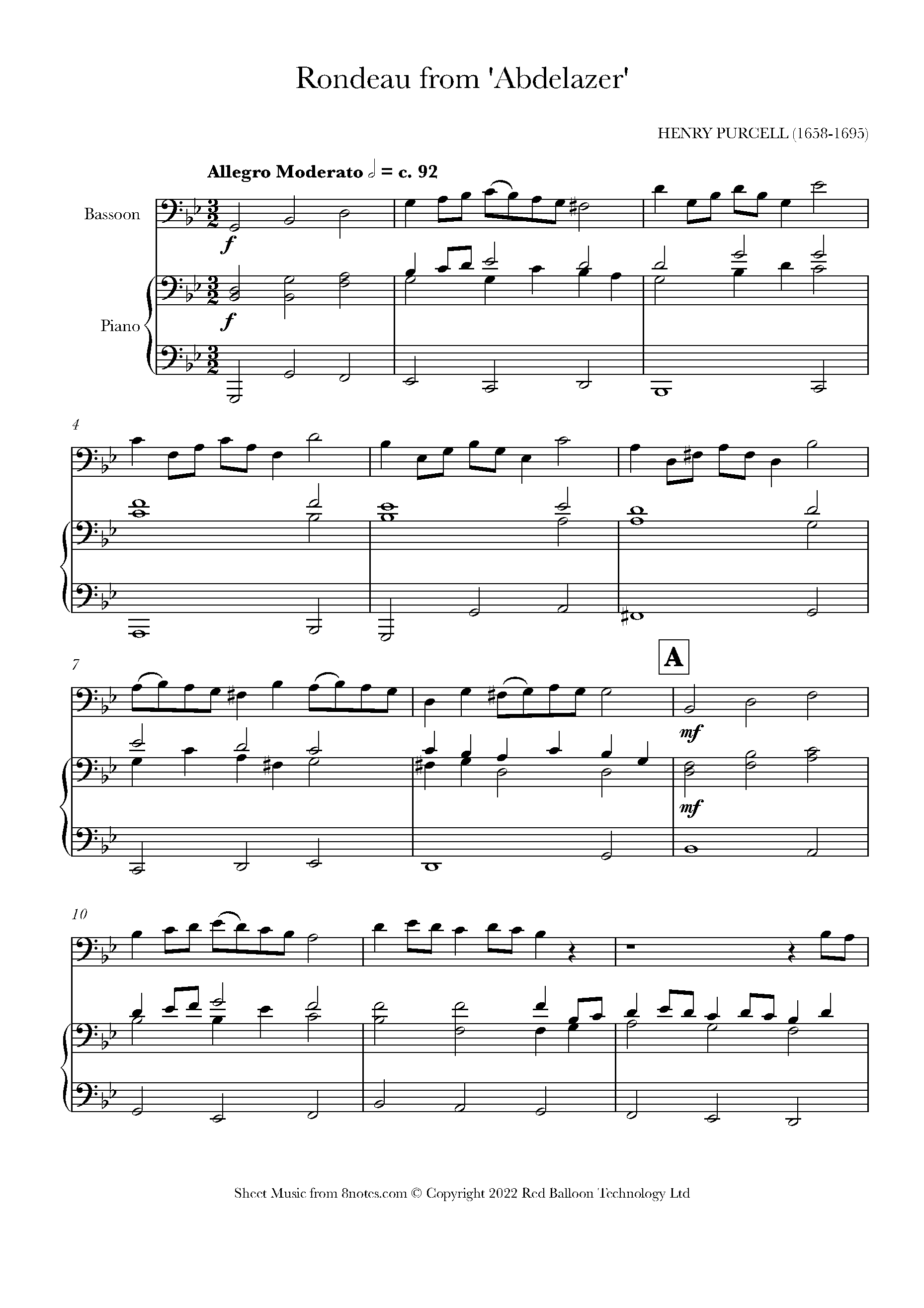 Purcell - Rondeau from Abdelazer Sheet music for Bassoon - 8notes.com