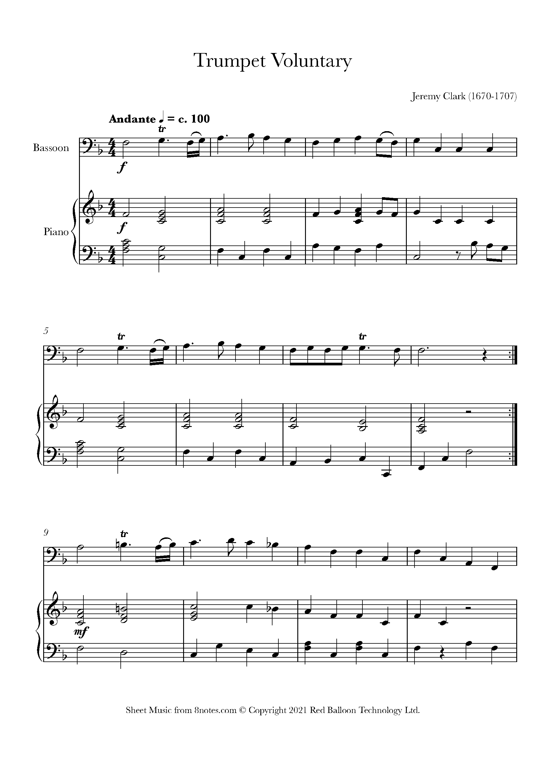 Clarke - Trumpet Voluntary Sheet music for Bassoon - 8notes.com