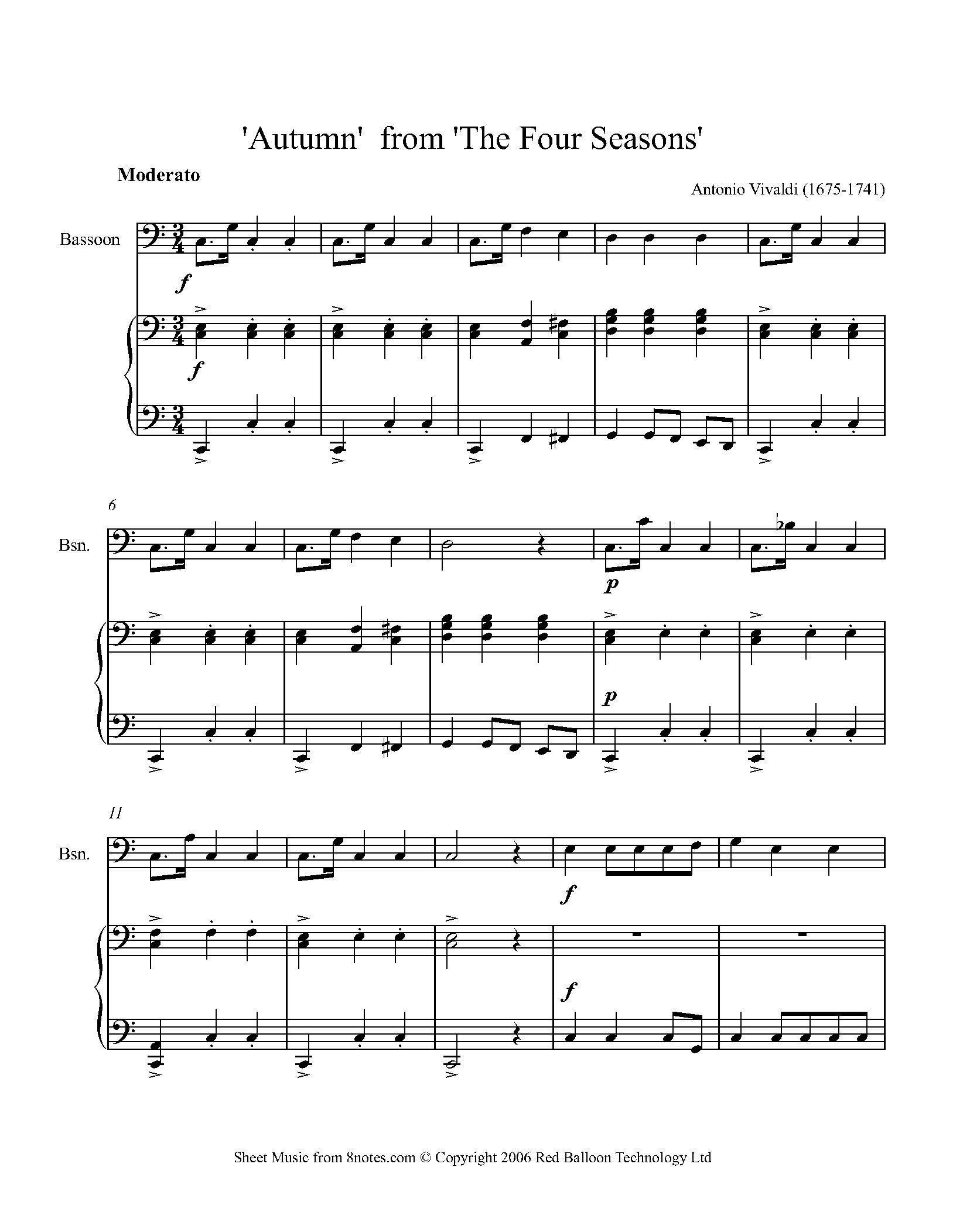 Vivaldi - Autumn from The Four Seasons Sheet music for Bassoon - 8notes.com