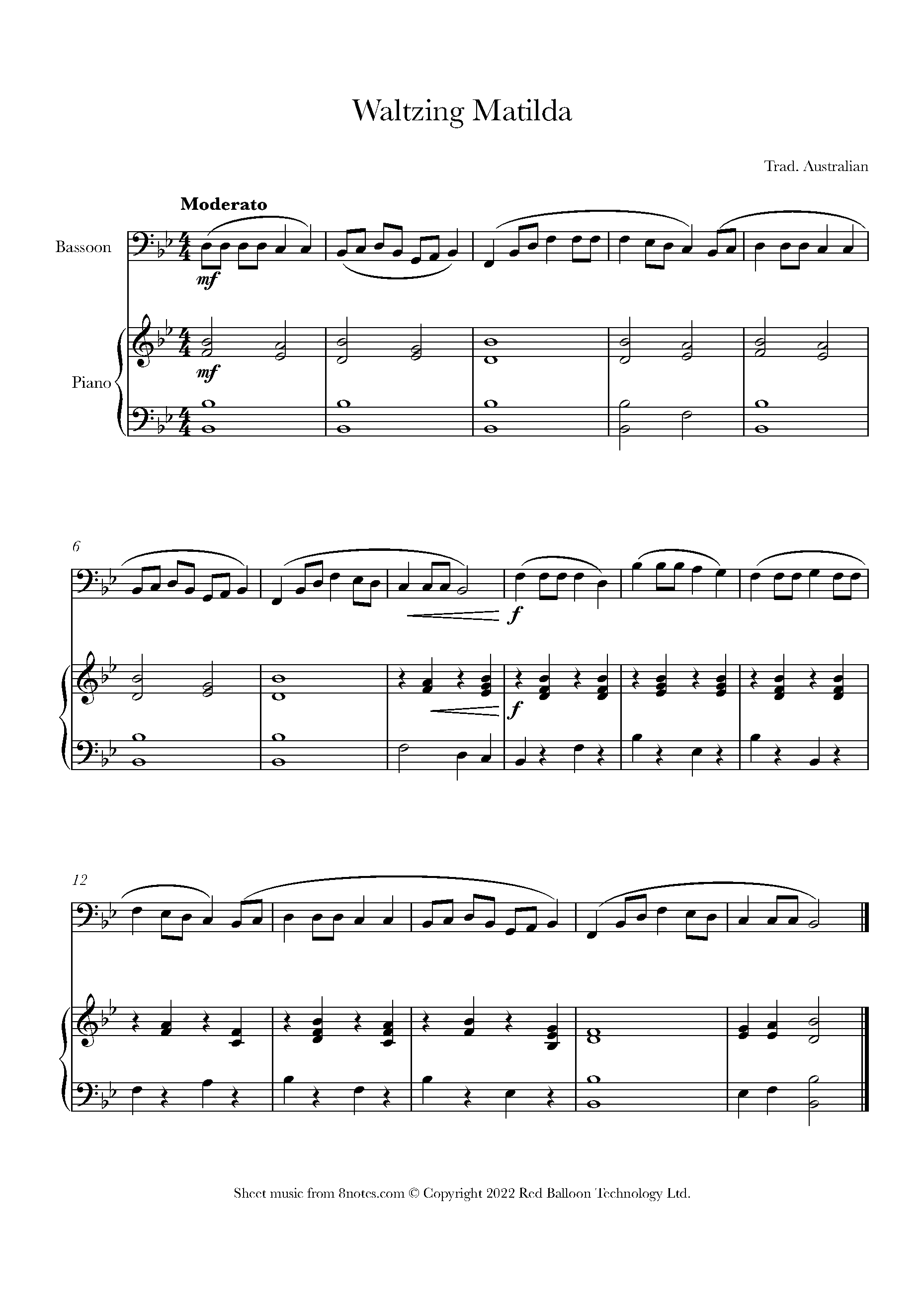 Waltzing Matilda Sheet music for Bassoon - 8notes.com