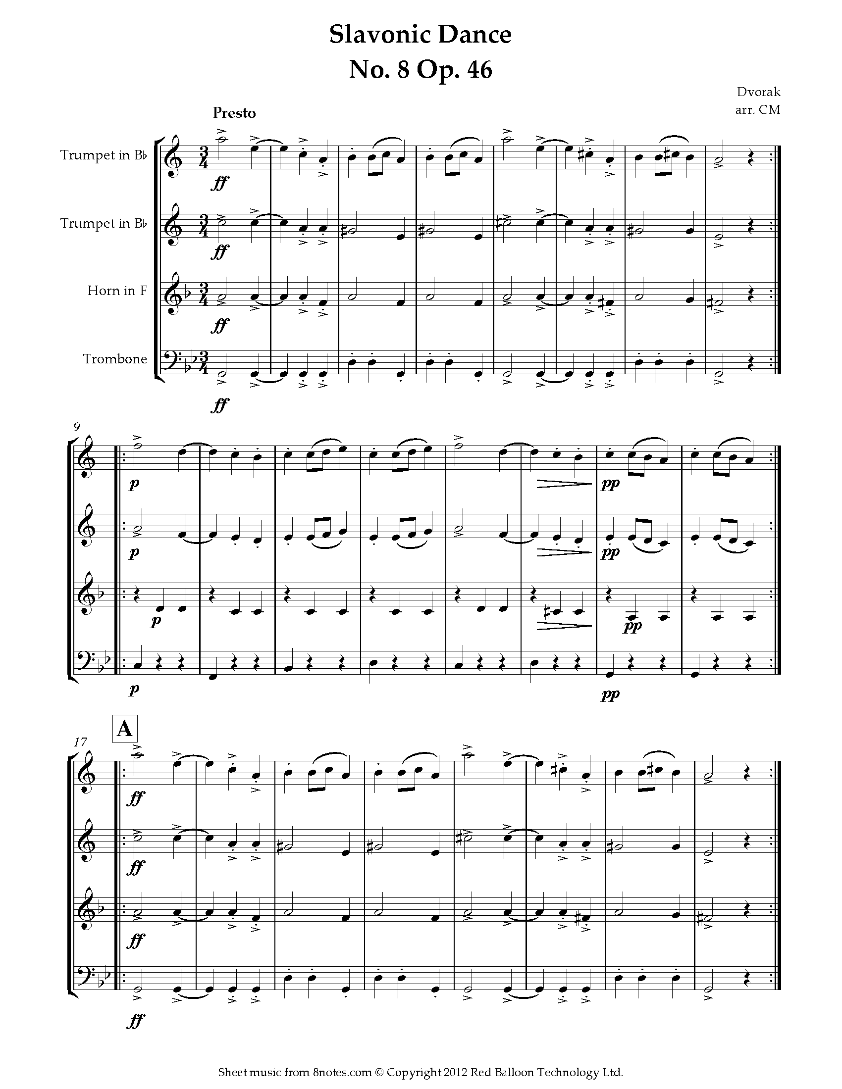 Dvořák - Slavonic Dance No. 8 Op. 46 Sheet music for Brass Quartet ...