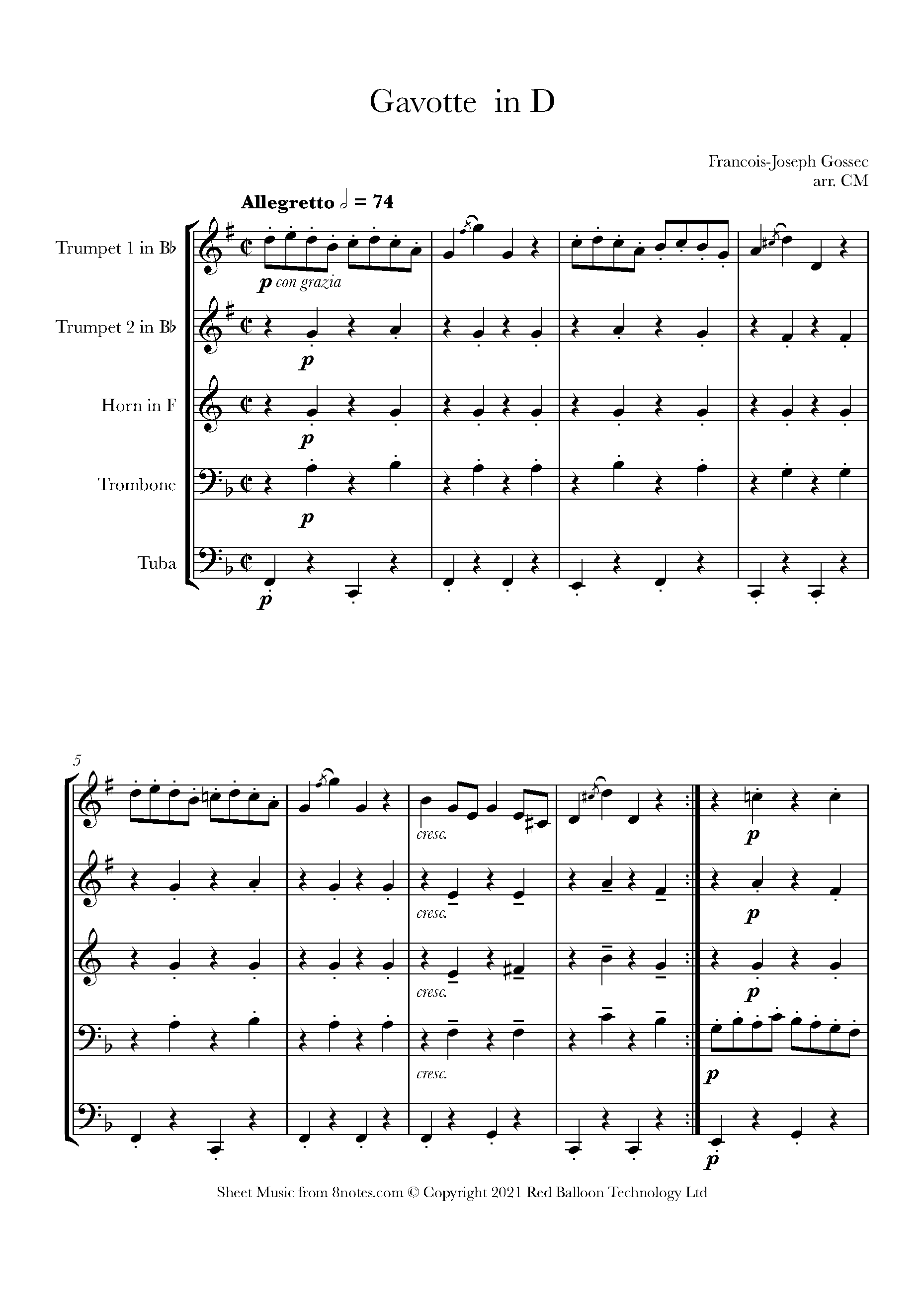 Gossec - Gavotte in D Sheet music for Brass Quintet - 8notes.com