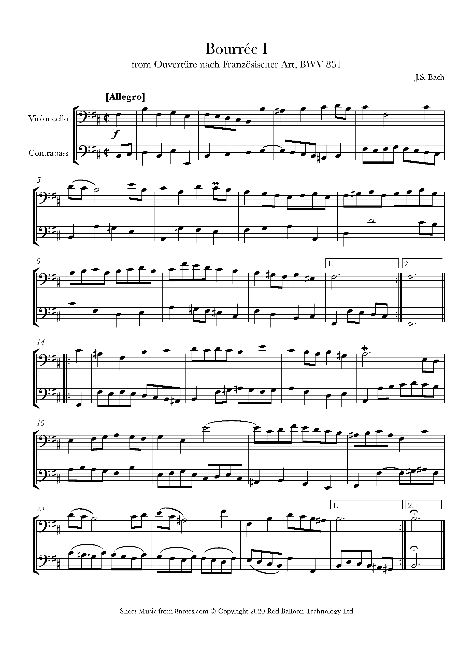 Bach - Bourree I from Ouverture nach Franzosischer Art, BWV 831 Sheet music for Cello-Bass Duet ...