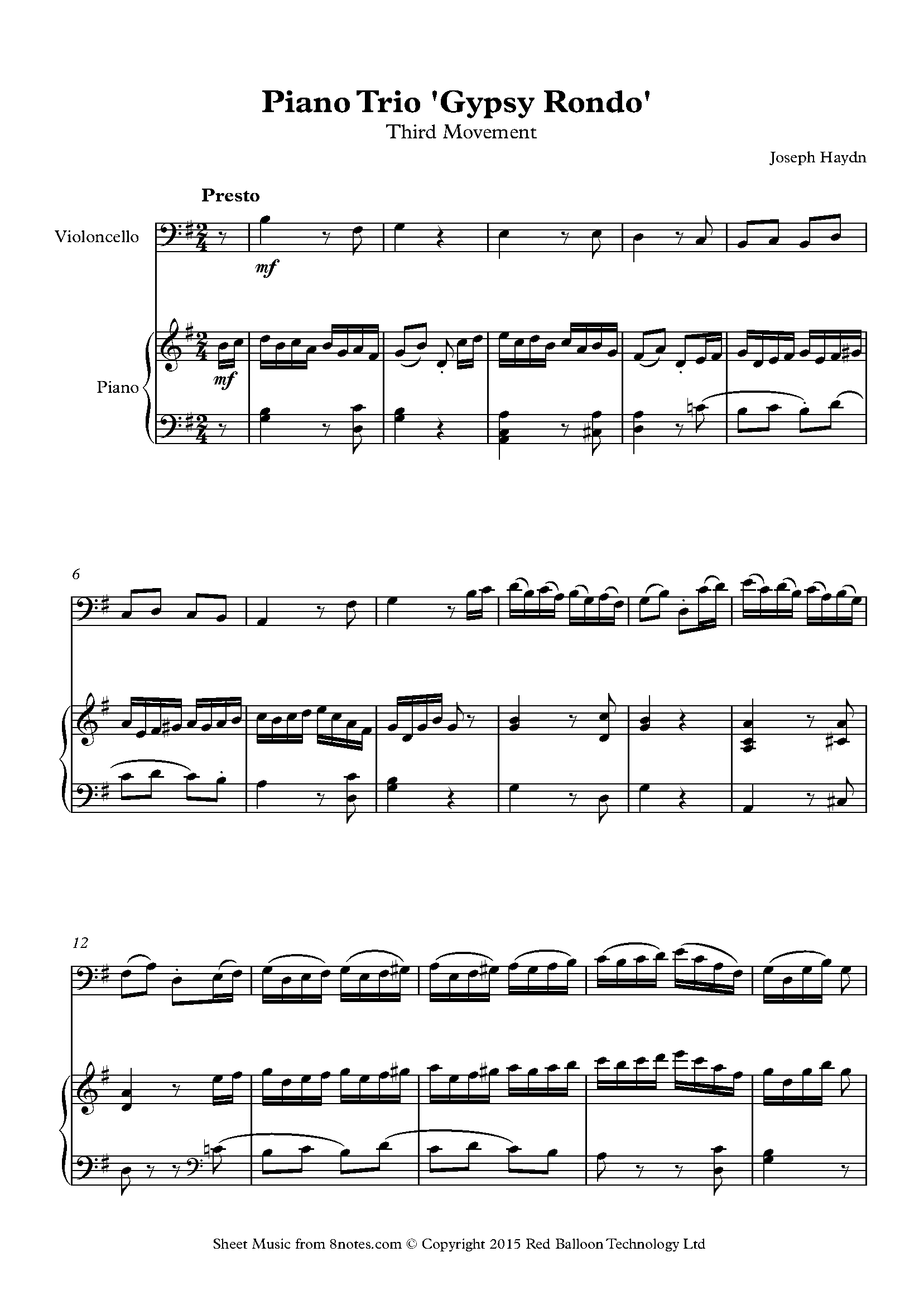 Haydn - Piano Trio 'Gypsy Rondo' 3rd mvt Sheet music for Cello - 8notes.com