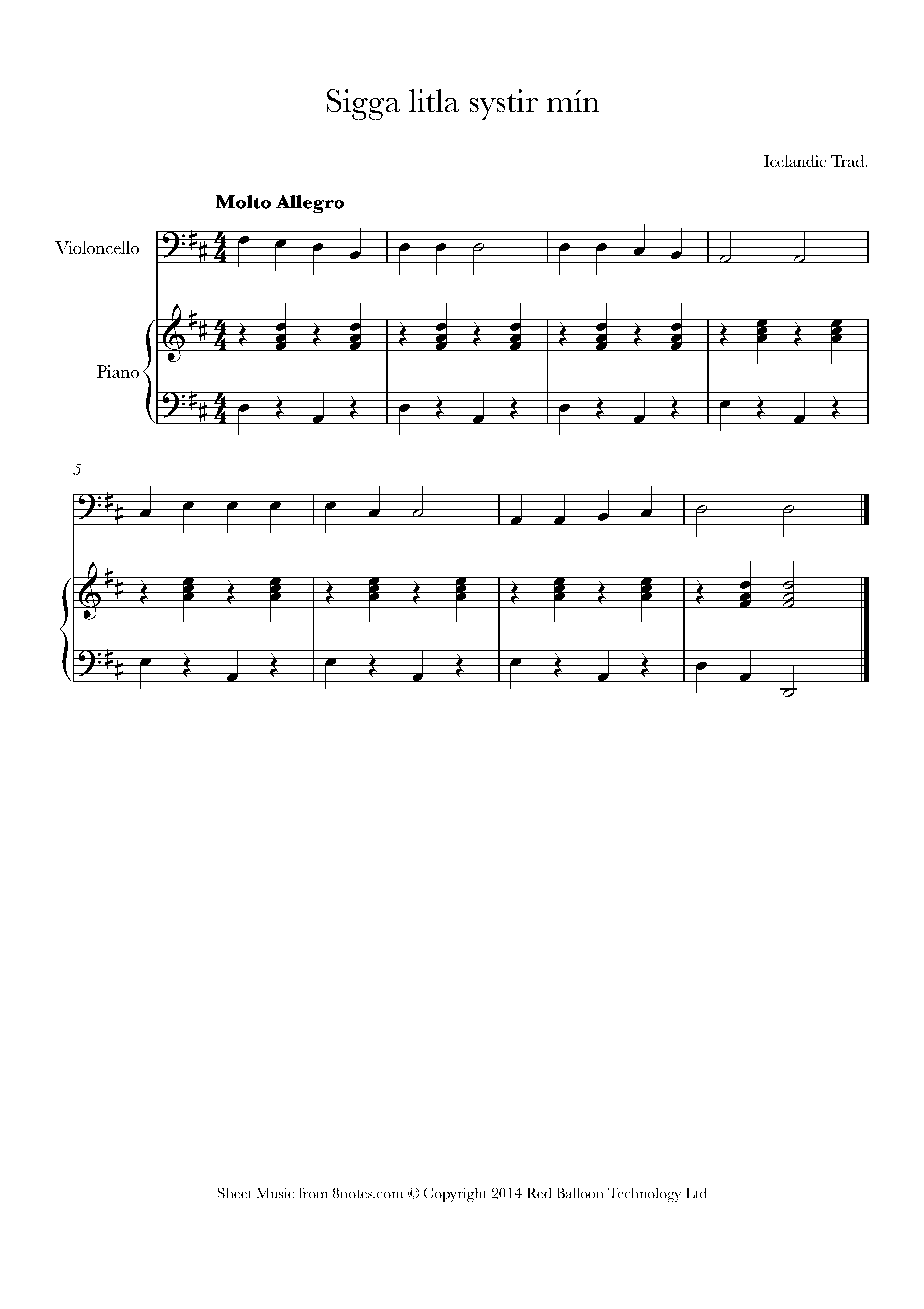 Sigga litla systir min (Icelandic Trad.) Sheet music for Cello - 8notes.com