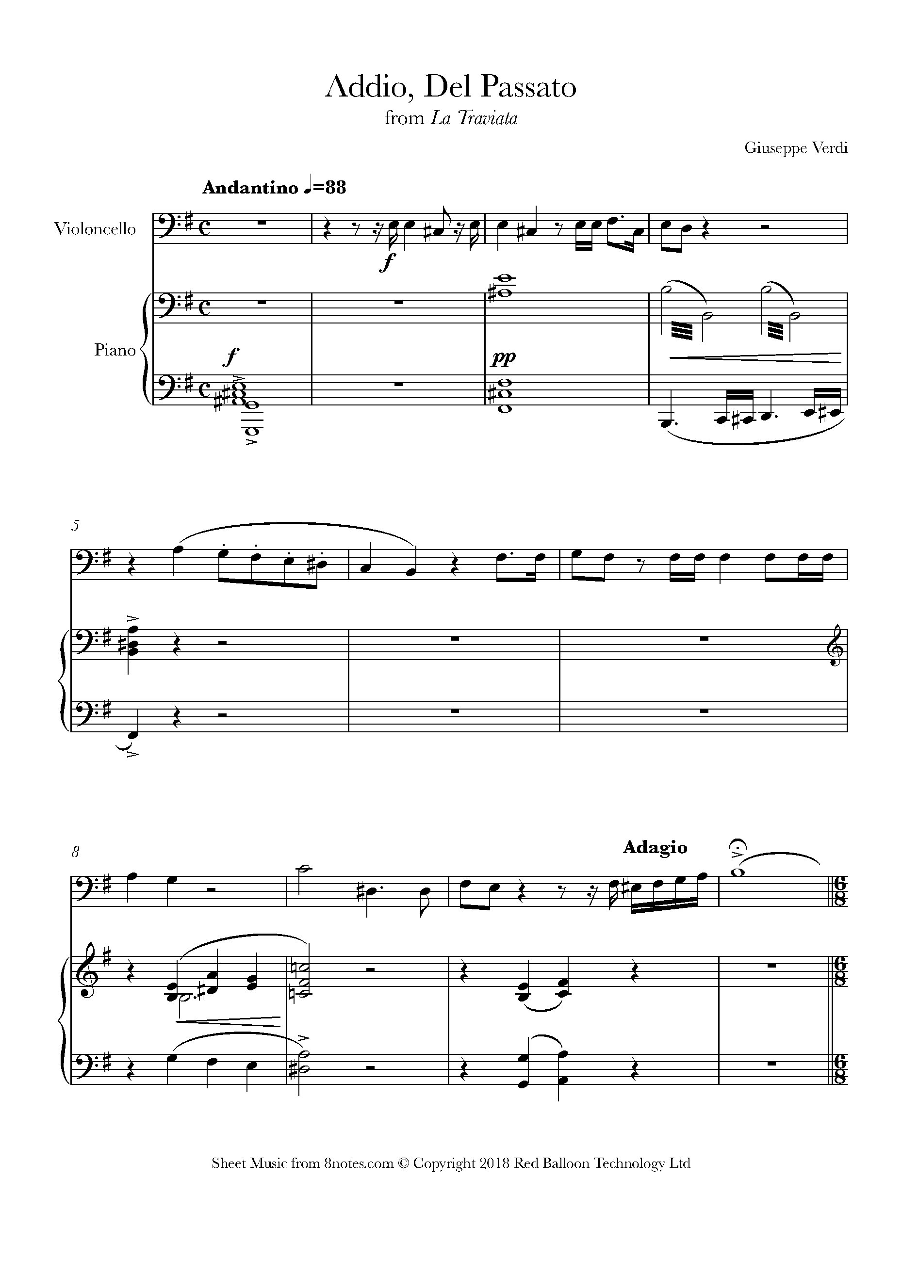 Verdi - Addio, Del Passato from La Traviata Sheet music for Cello ...