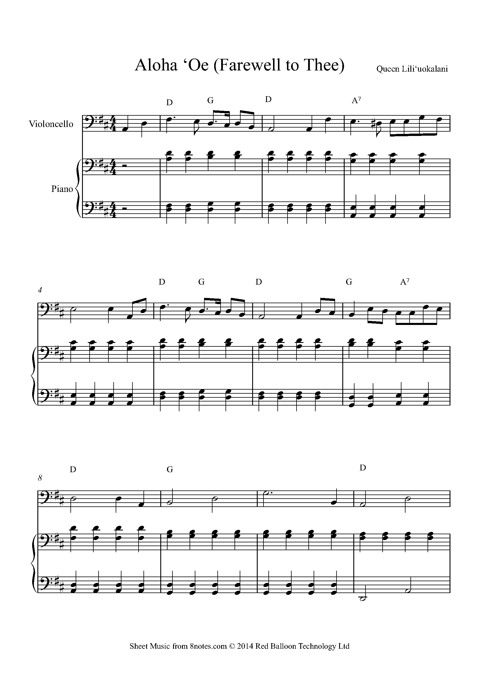 Aloha Oe (Farewell to Thee) (Hawaiian traditional) Sheet music for ...