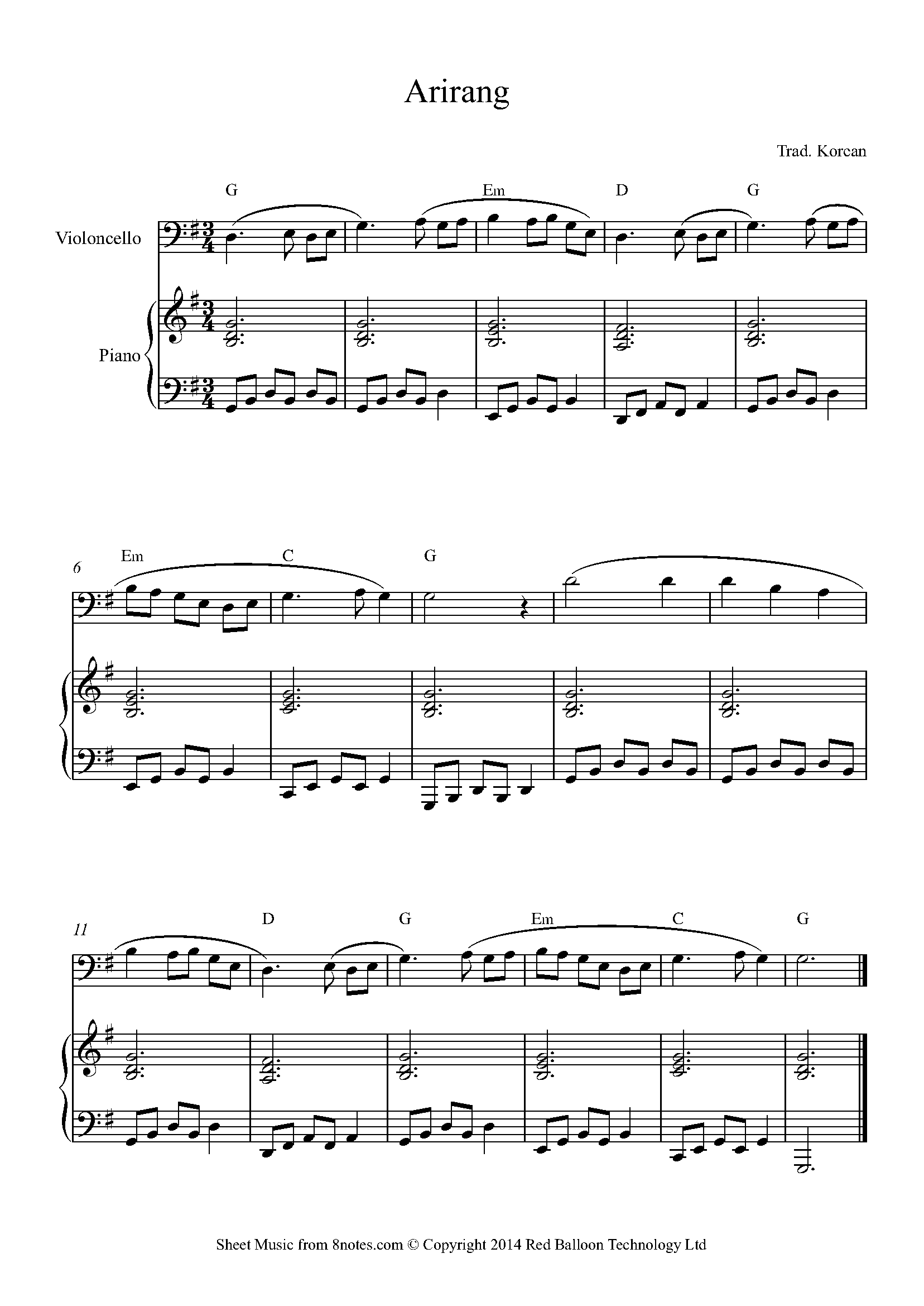 Arirang (traditional Korean) Sheet music for Cello - 8notes.com