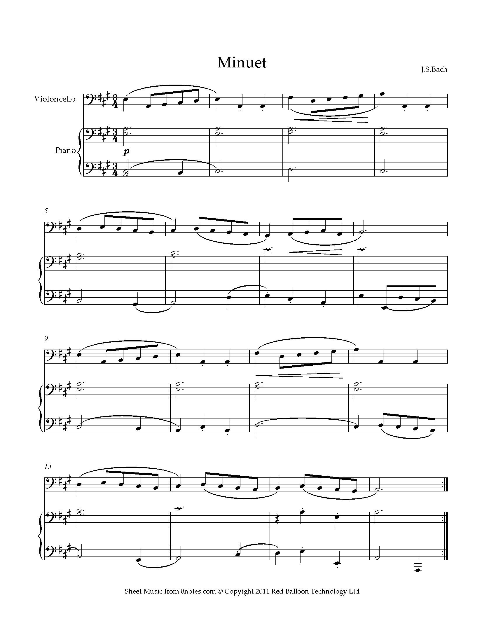 Bach - Minuet Sheet music for Cello - 8notes.com