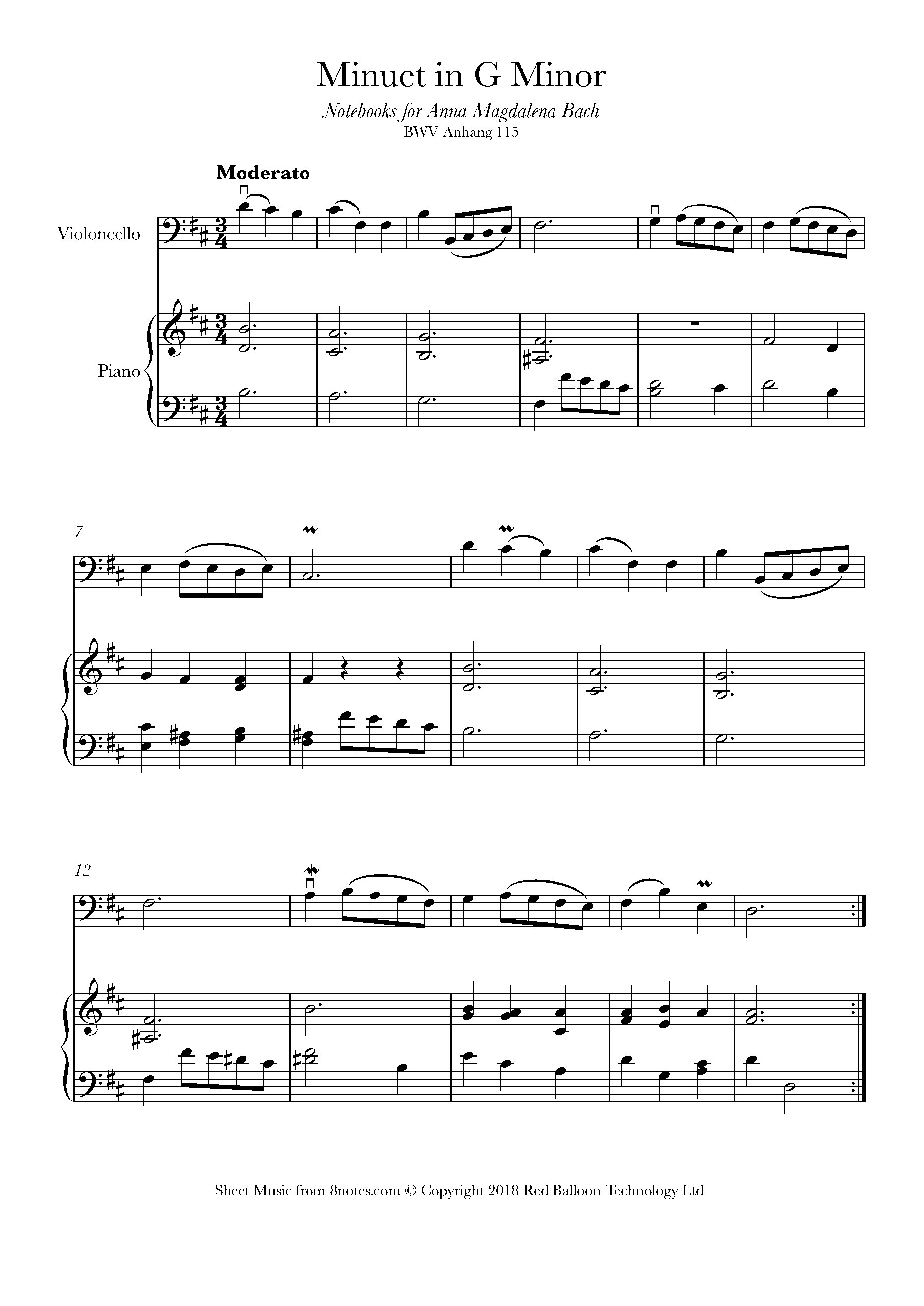 Bach - Minuet in G Minor from Notebook for Anna Magdalena Bach BWV Anh. 115 Sheet music for ...