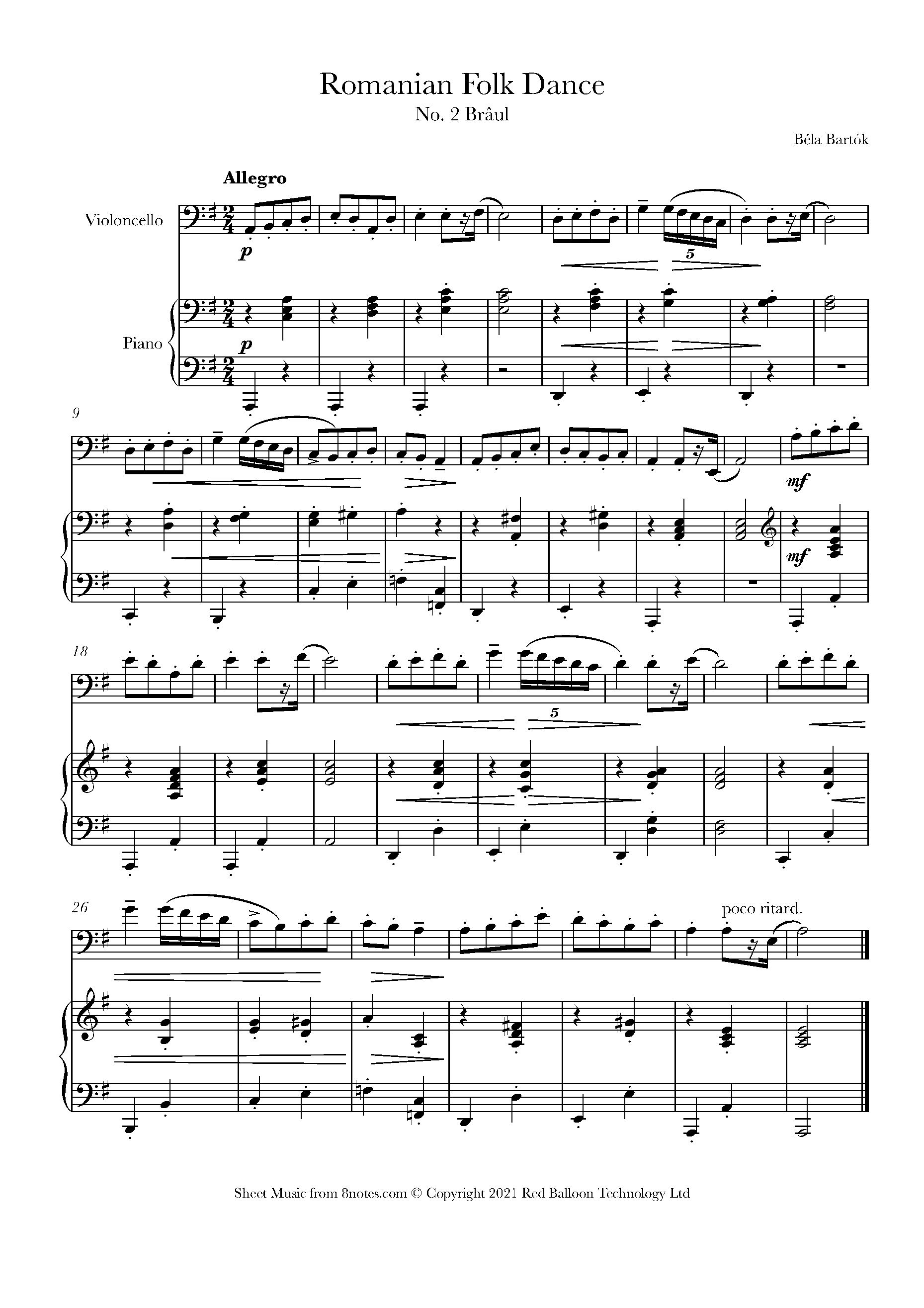 Bartók - Romanian Folk Dance No.2 Braul Sheet music for Cello - 8notes.com