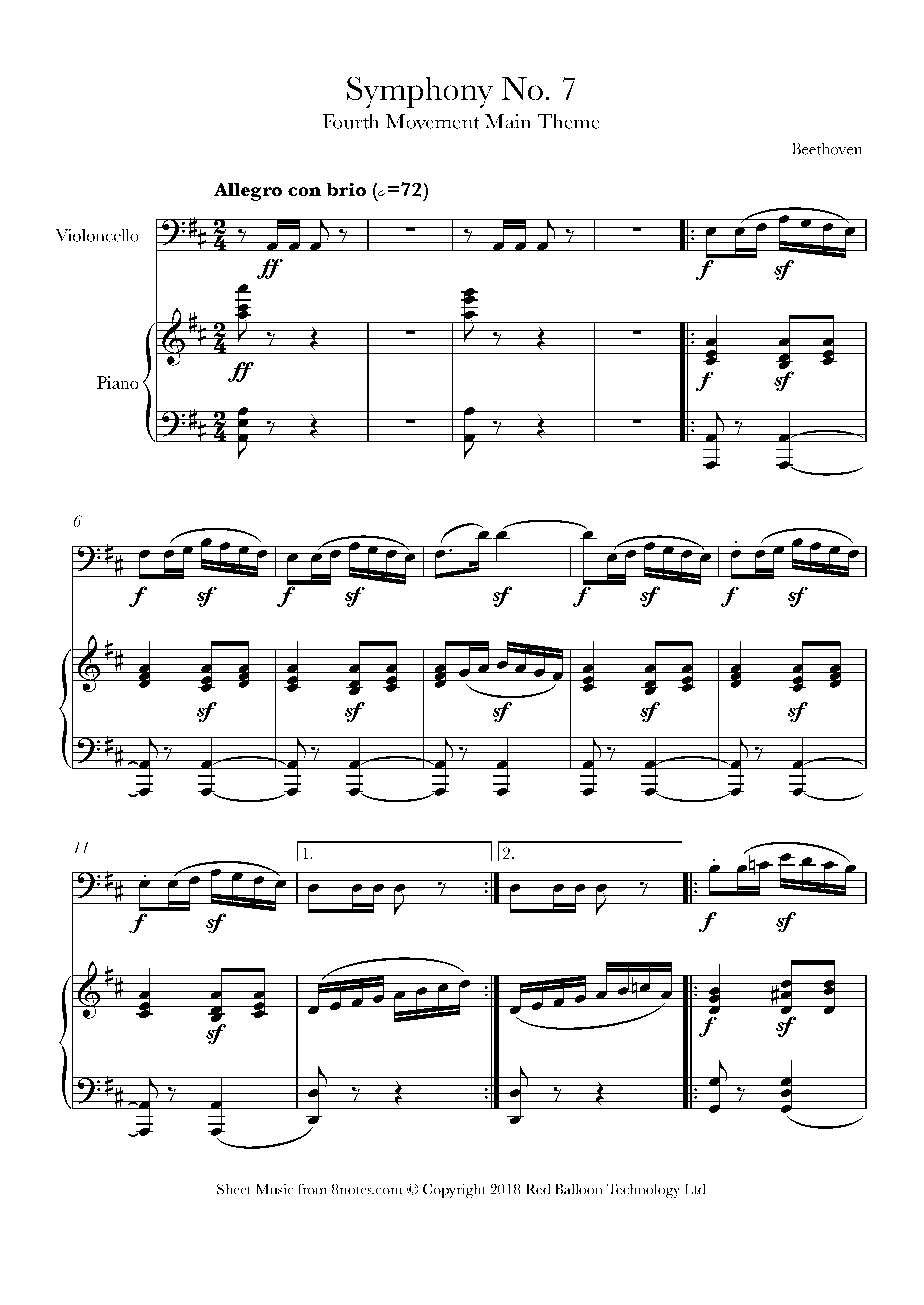 Beethoven - 7th Symphony 4th Mvt Theme Sheet music for Cello - 8notes.com