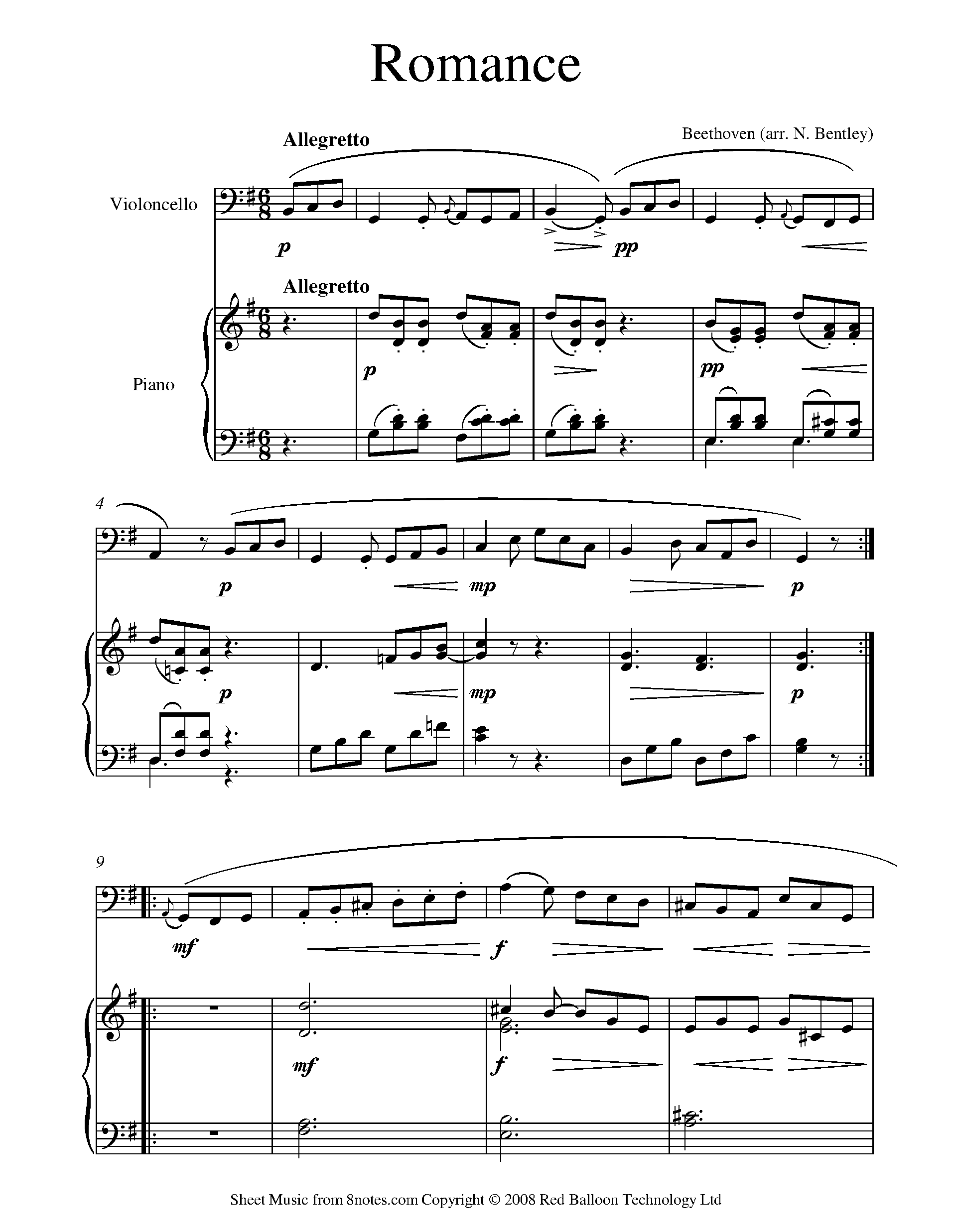 Beethoven - Romance from Sonatina in G Sheet music for Cello - 8notes.com