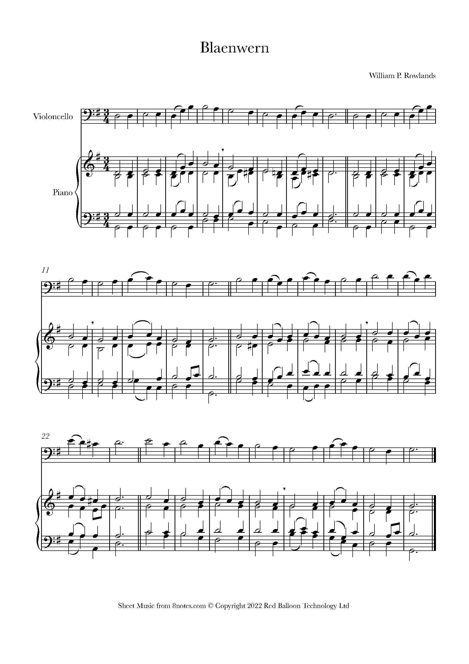 Rowlands - Blaenwern Sheet music for Cello - 8notes.com