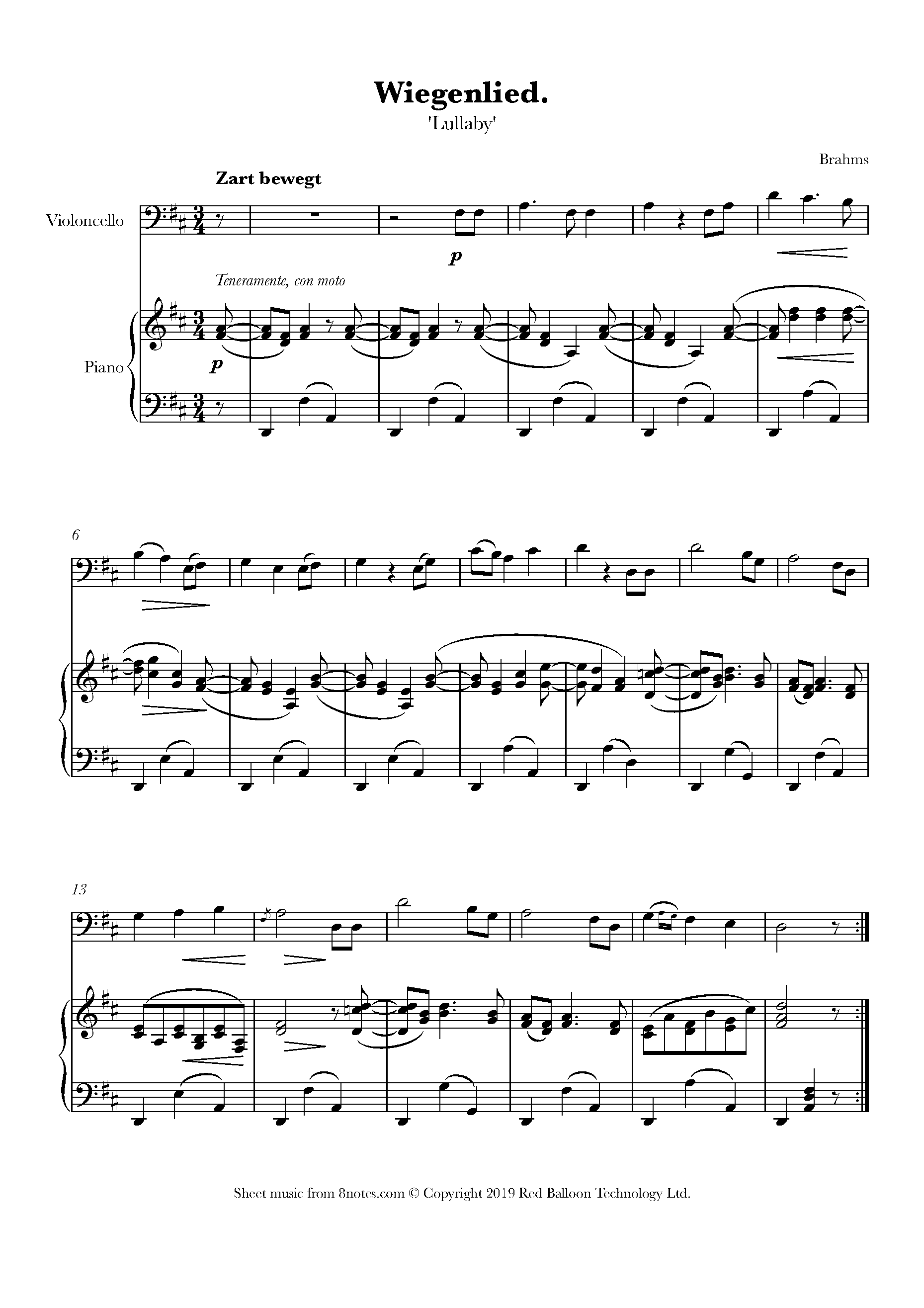 Brahms - Lullaby (Wiegenlied) Sheet music for Cello - 8notes.com