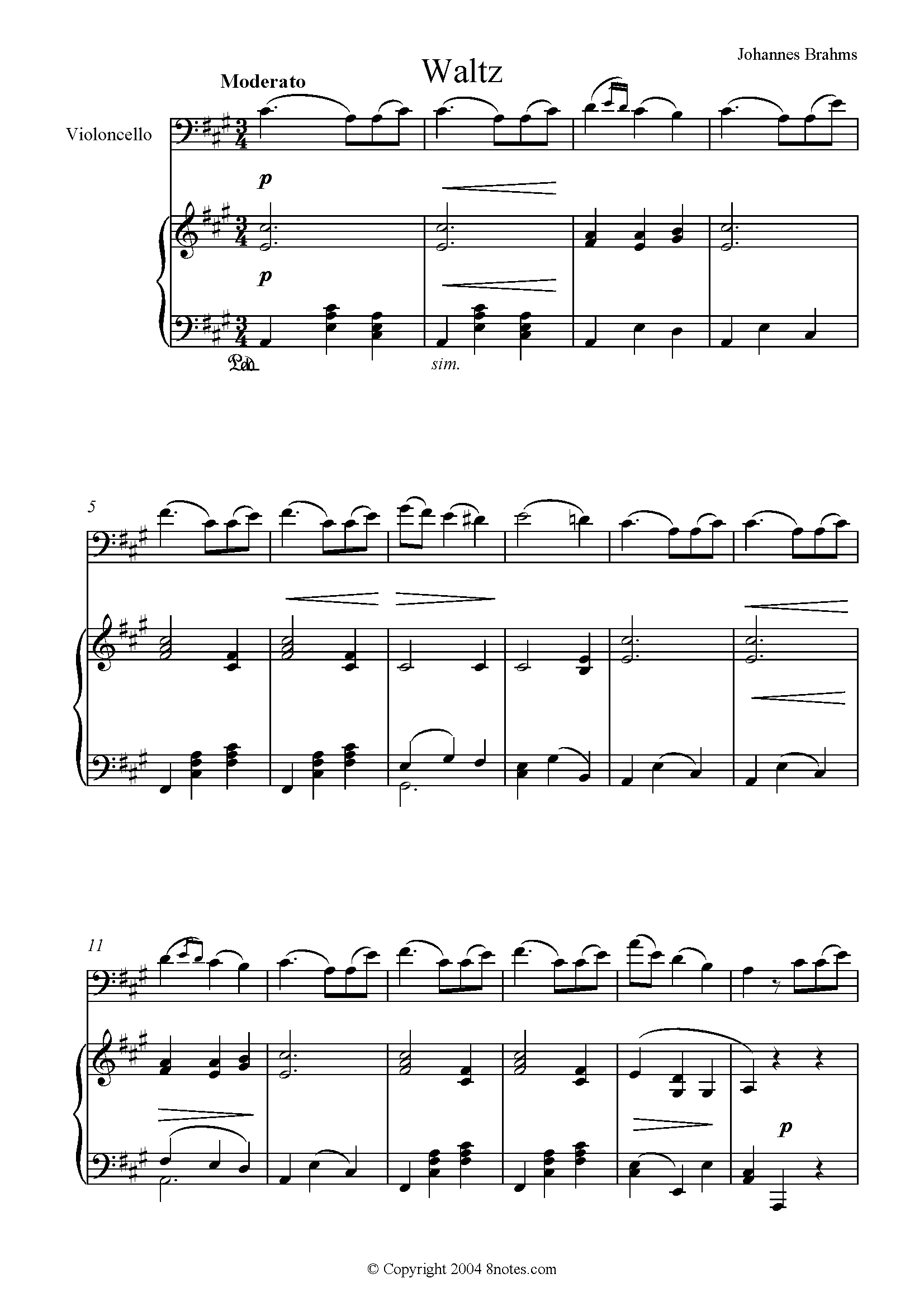 Brahms - Waltz Sheet music for Cello - 8notes.com