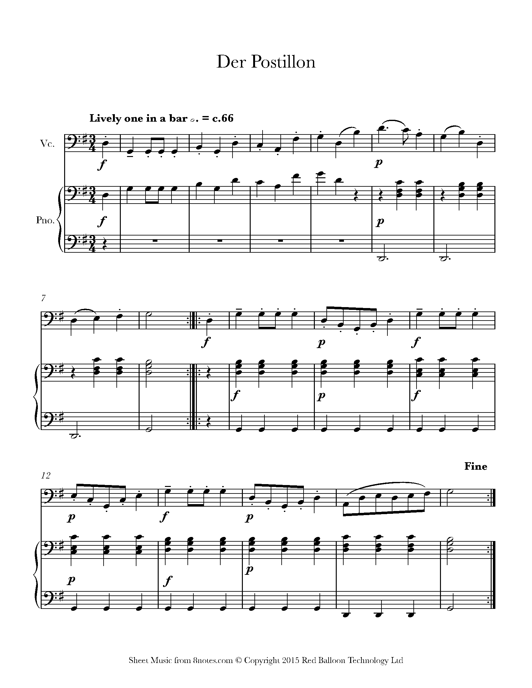 Der Postillon Sheet music for Cello - 8notes.com
