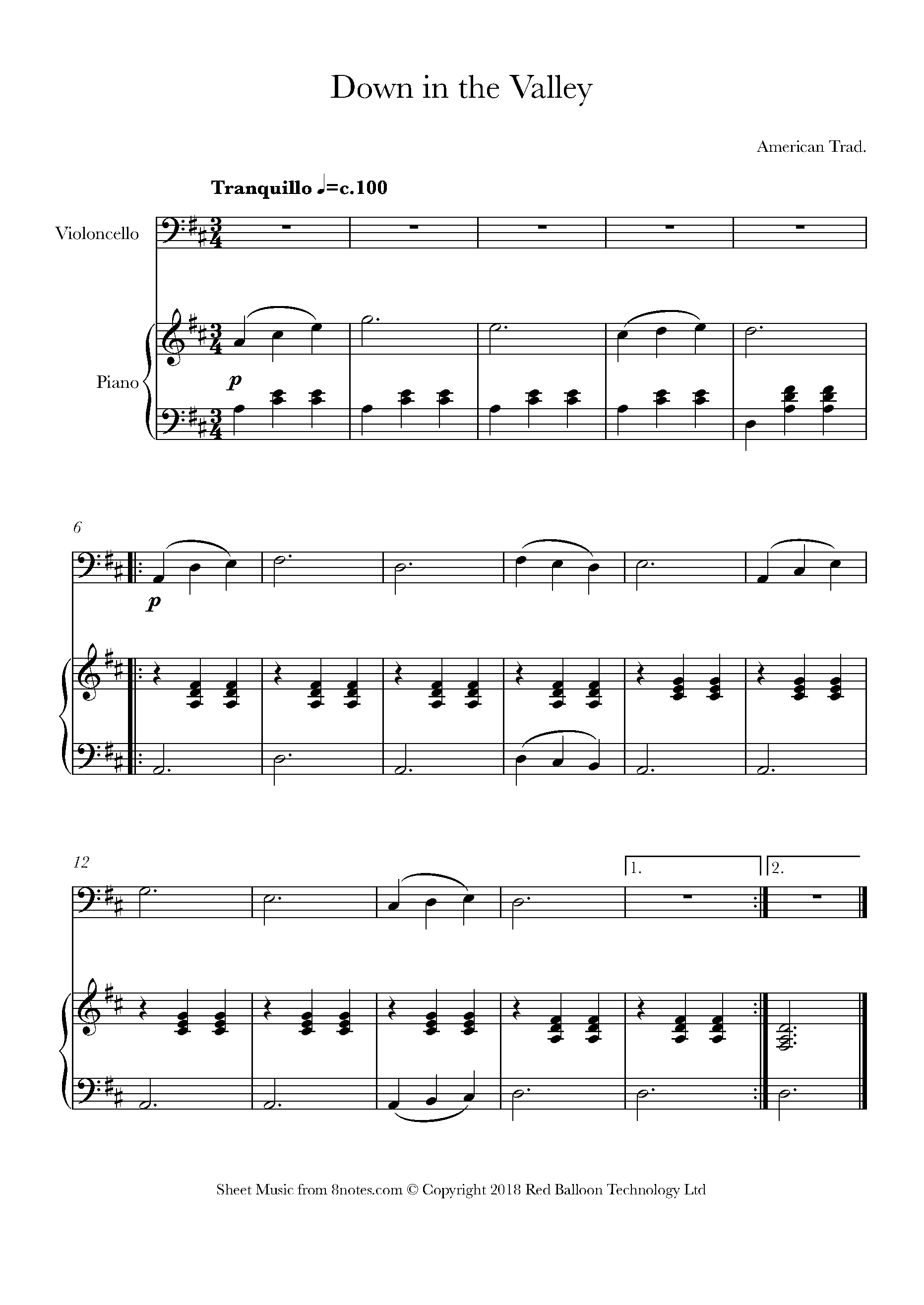 Down in the Valley Sheet music for Cello - 8notes.com
